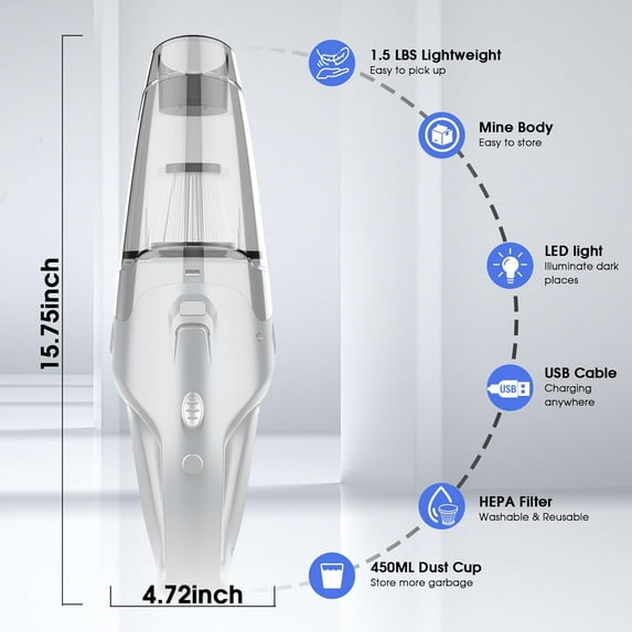 Handheld Vacuum Cordless Rechargeable, Car Vacuum Cleaner with LED ...