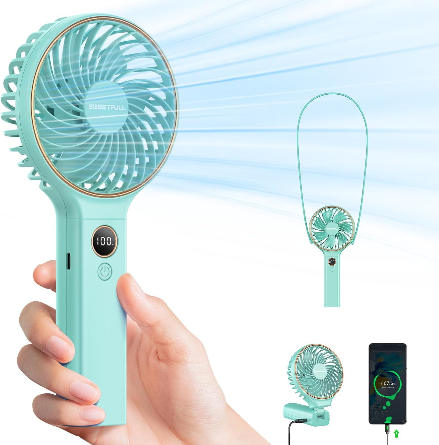 Handheld fan, portable fan, 5000mAh rechargeable battery, 6-speed wind ...
