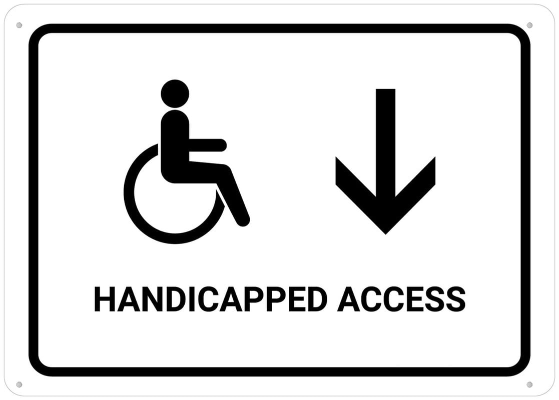 Handicapped Access With Down Arrow White Sign Metal 8X12 Inch Rust Free ...