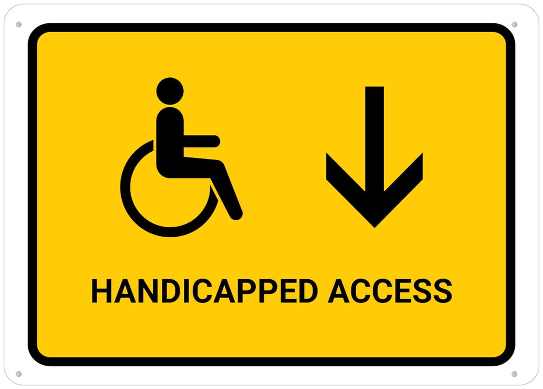 Handicapped Access With Down Arrow Yellow Sign Metal 12X8 Inch Rust ...