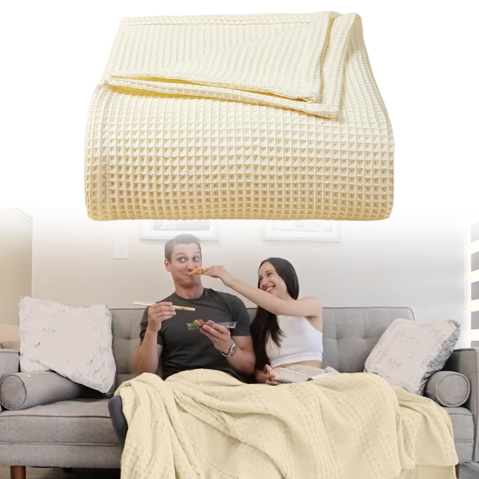 Handied Pre-Washed Cotton Waffle Weave Blanket Queen Size for Bed,Snag Proof Throw Blanket for ...