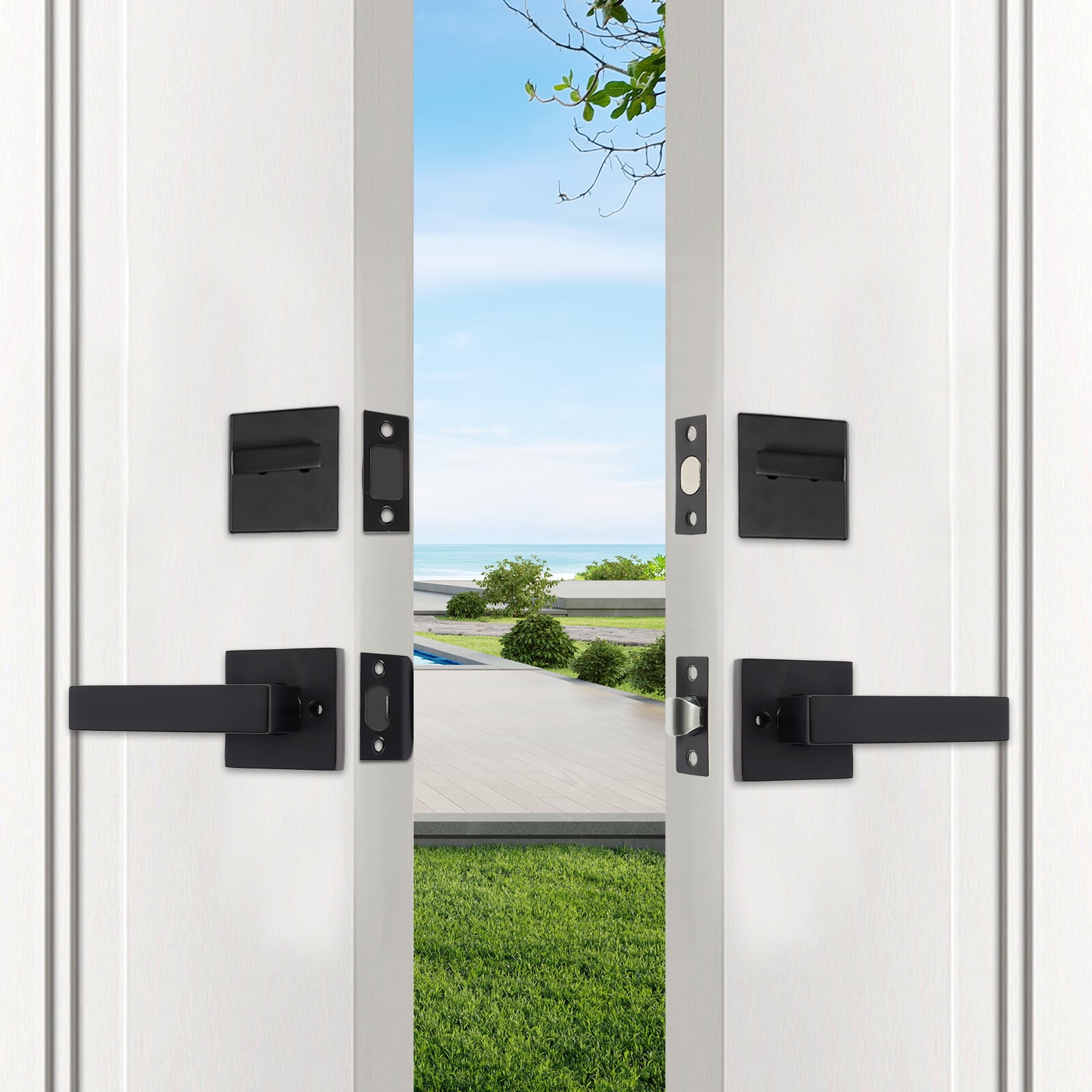 Handle Set w/ Reversible Handle Lever Black Front Door Lock Set Door ...