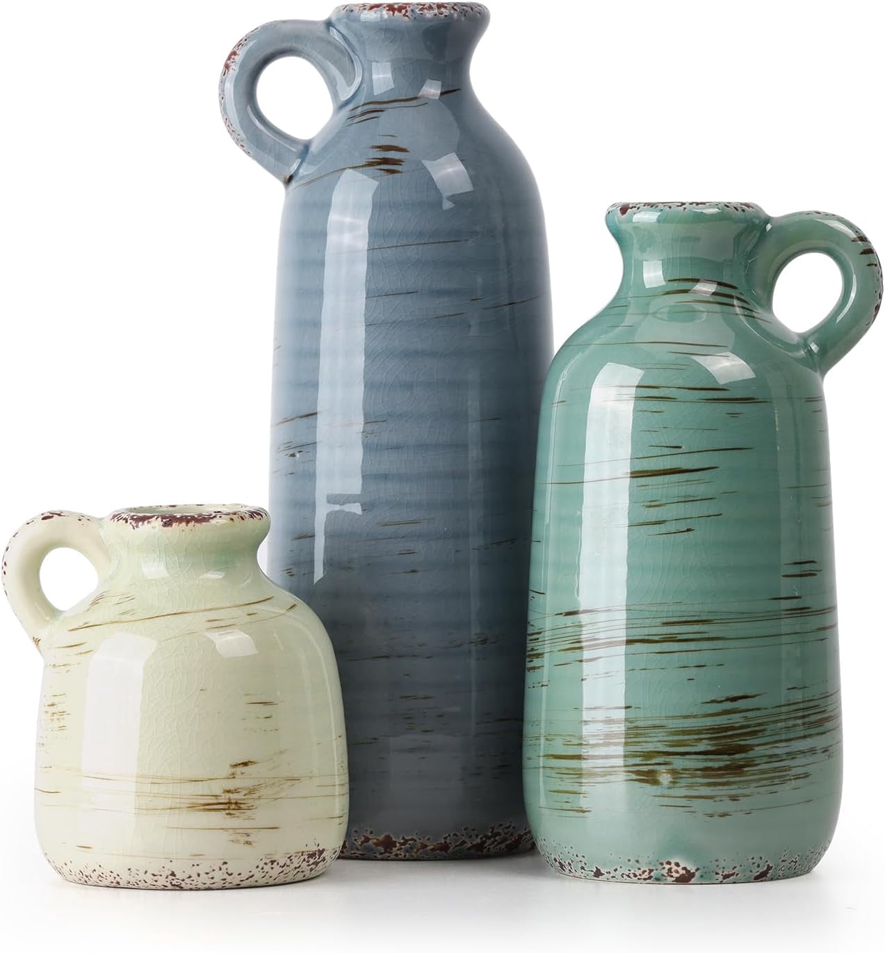 Handled Ceramic Vase Set of 3 in Multicolor, Modern Farmhouse Decor for ...