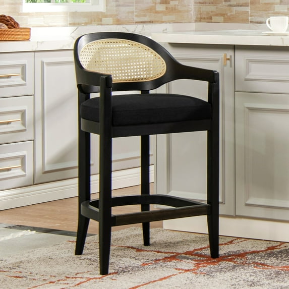 Handmade 26" Counter Stool with Cane Back, Jet Black, Solid Oak Frame ...
