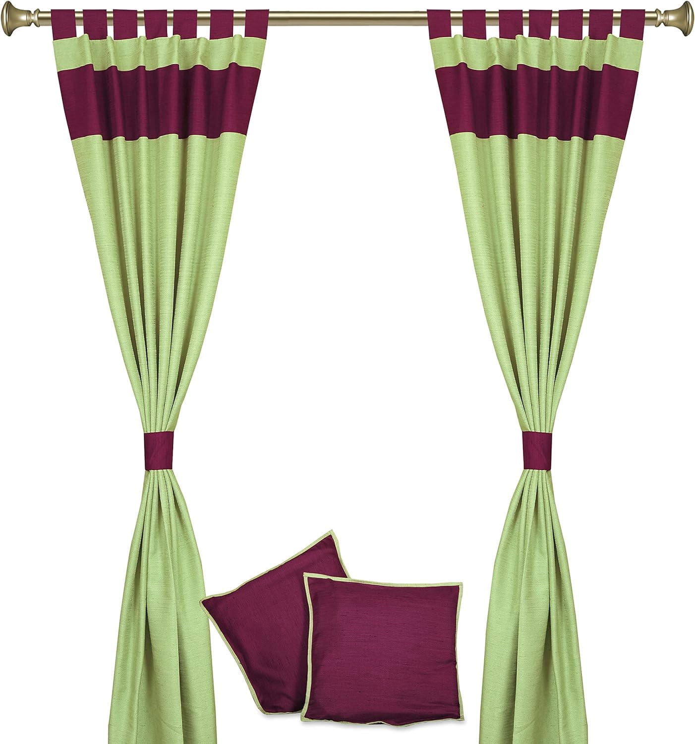 Handmade 6-Piece Blended Raw Silk Curtain & Cushion Cover Set - Olive ...
