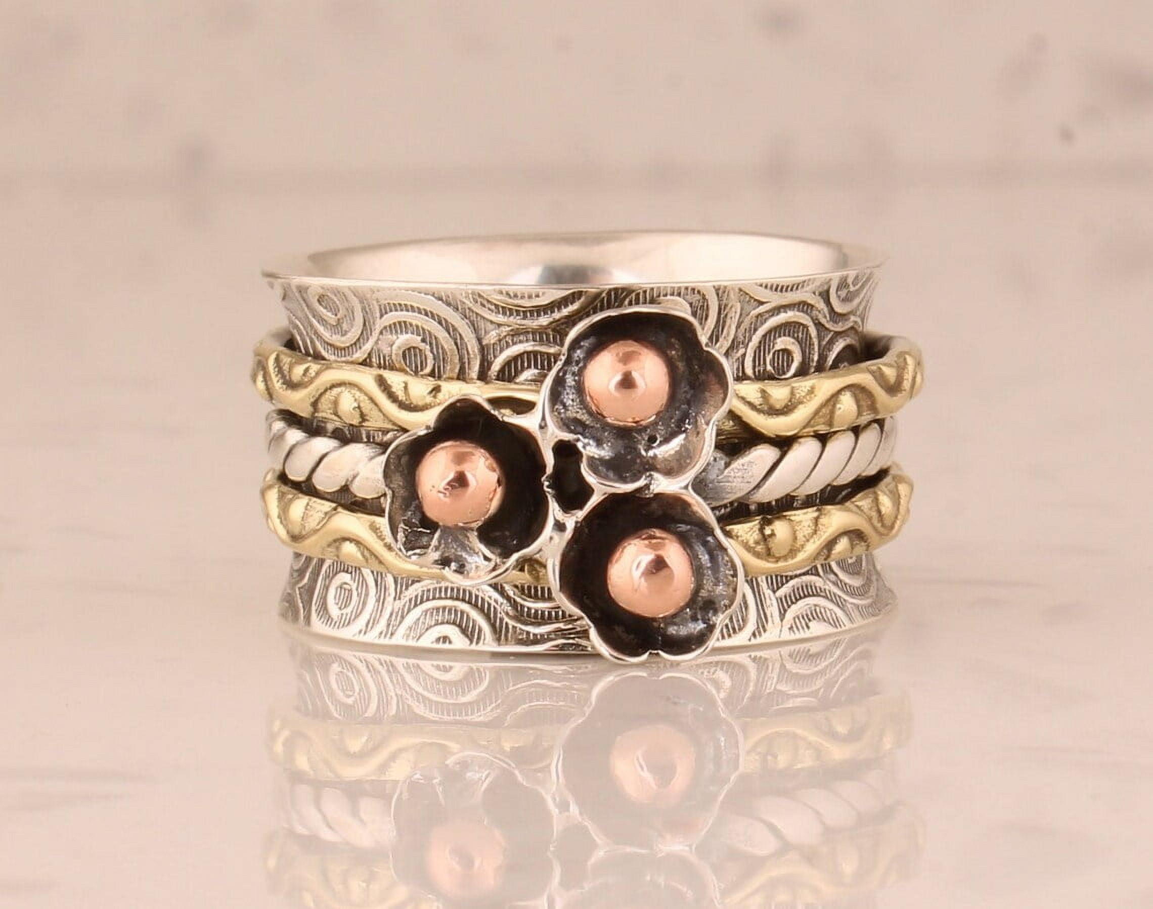 Handmade 925 Sterling Silver Flower Spinner Ring – Three-Tone Textured ...
