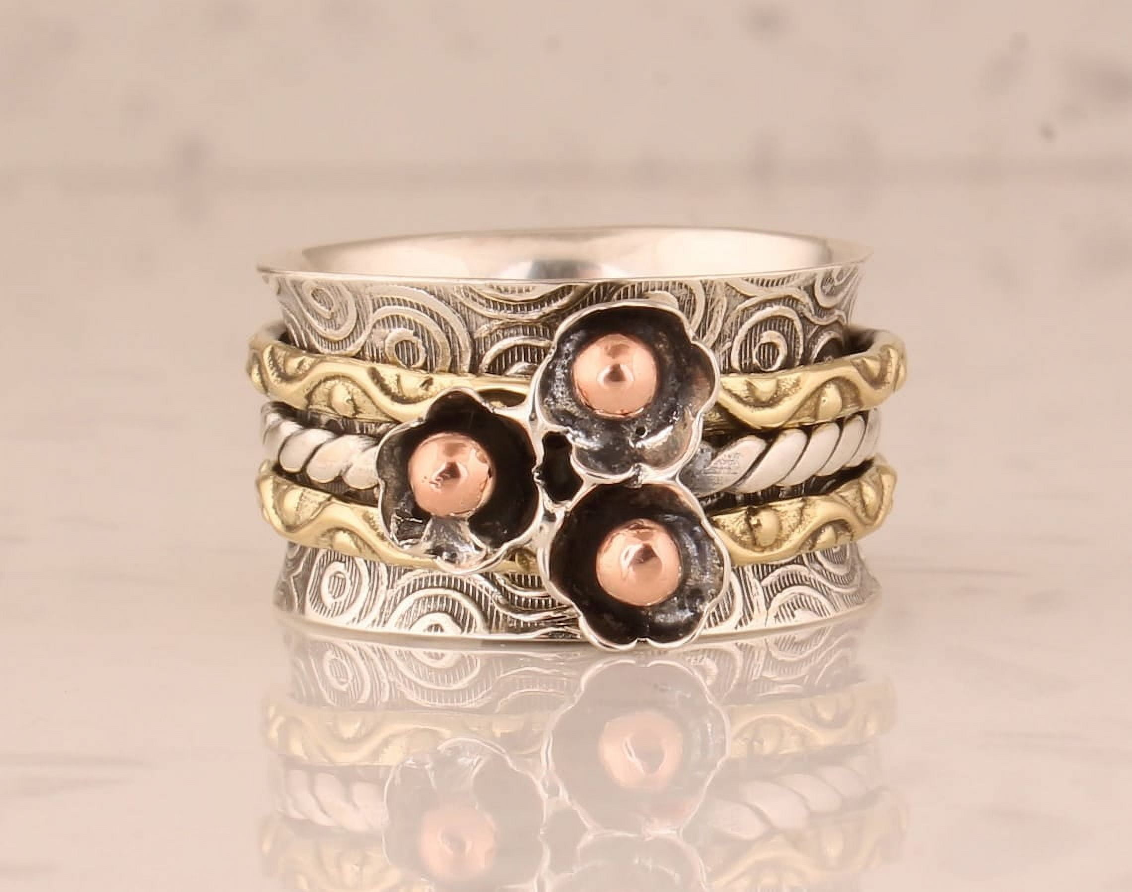 Handmade 925 Sterling Silver Flower Spinner Ring – Three-Tone Textured ...