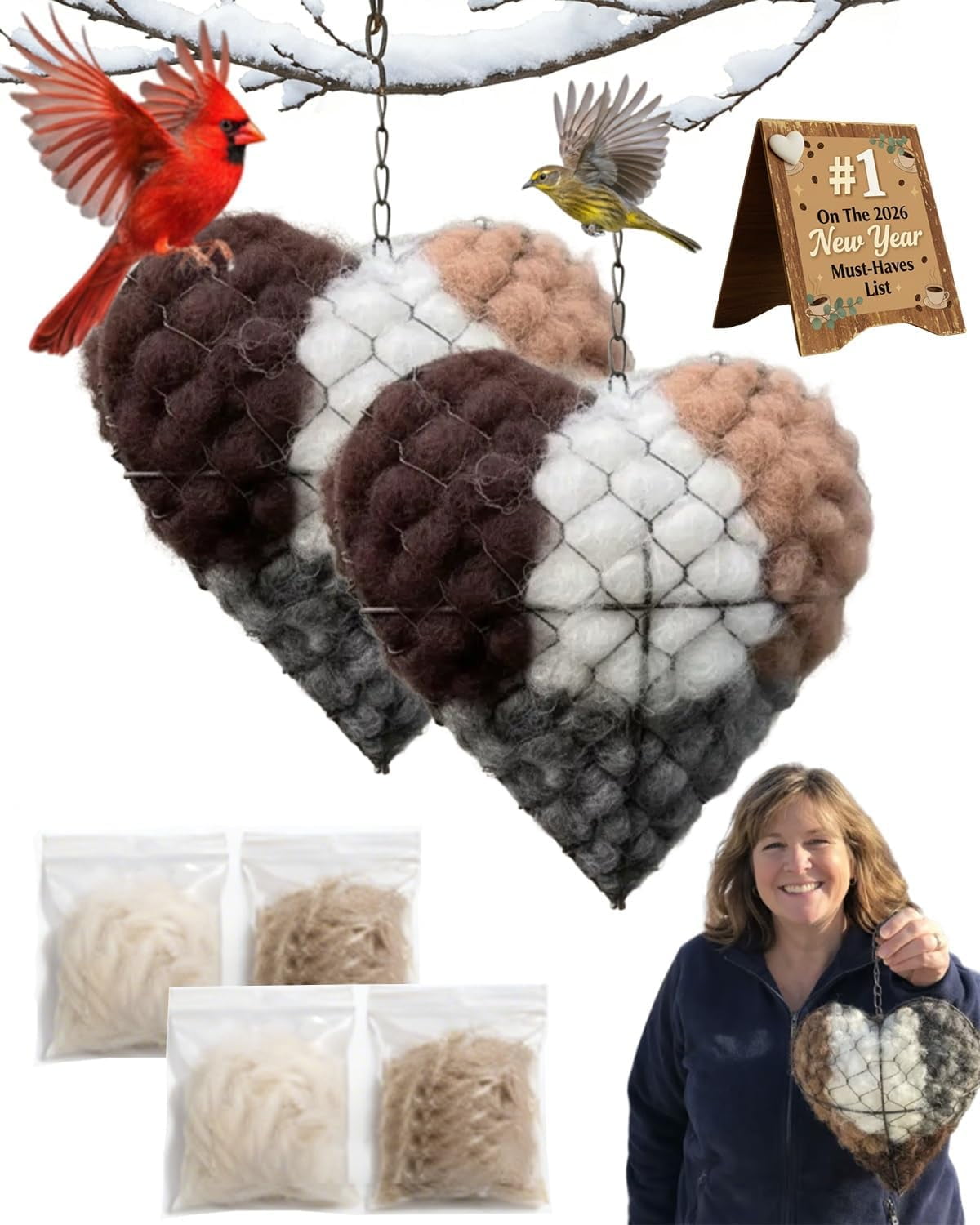 Handmade Alpaca Fiber Bird Nesting Heart for Outdoor Garden, Refillable ...
