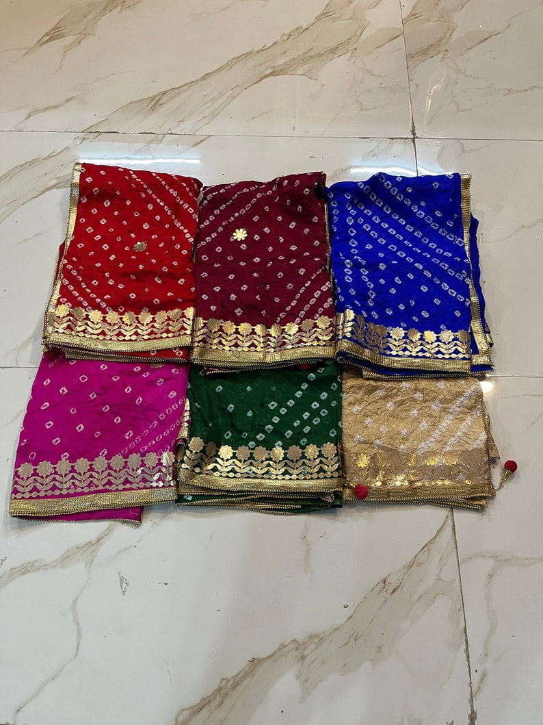 Handmade Bandhani Silk Dupatta with Gota Lace - Perfect for Weddings and Gifting - Yellow Silk ...