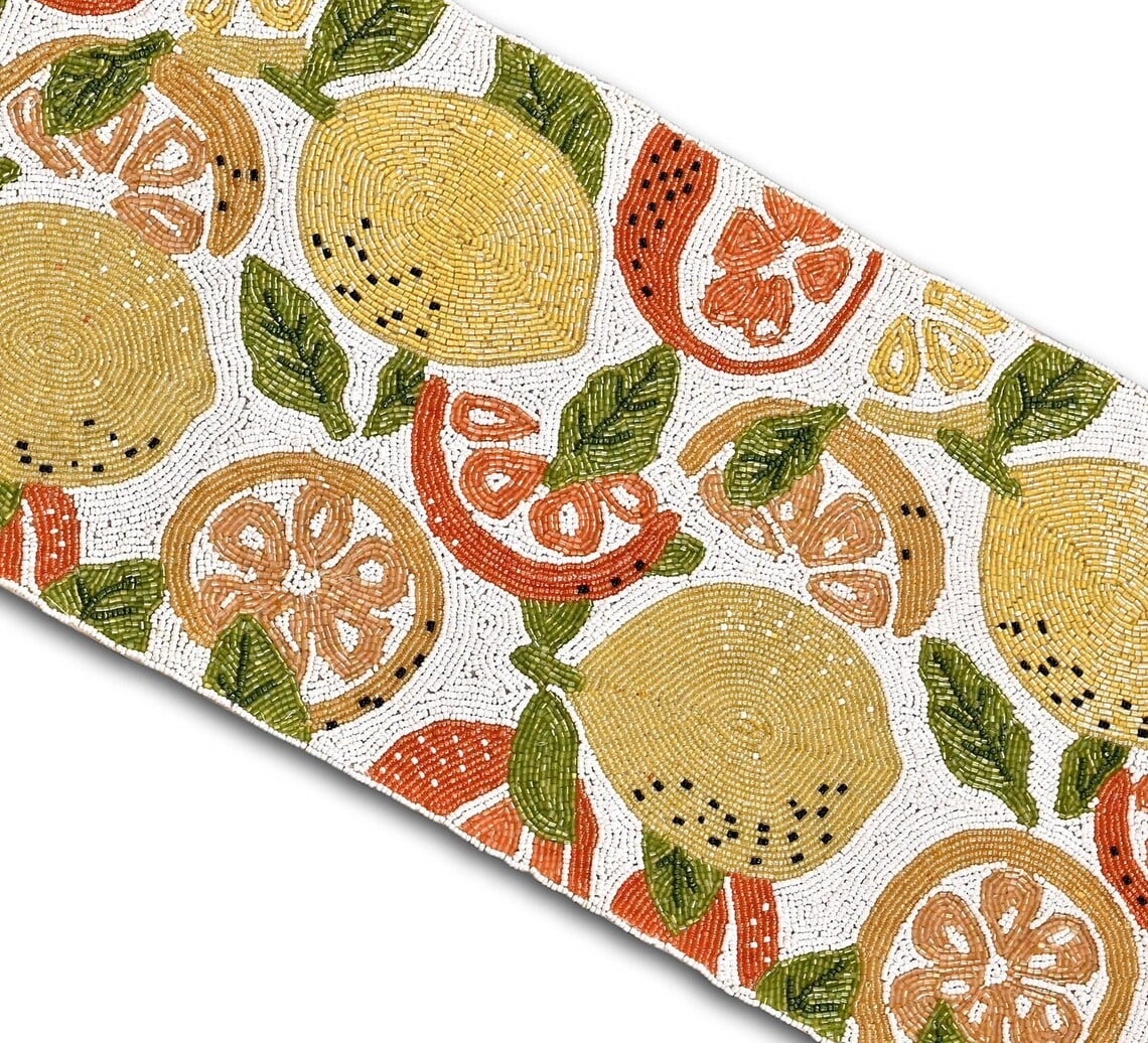 Handmade Beads Table Runner, Lemons Design Table Topper, Luxury Summer ...