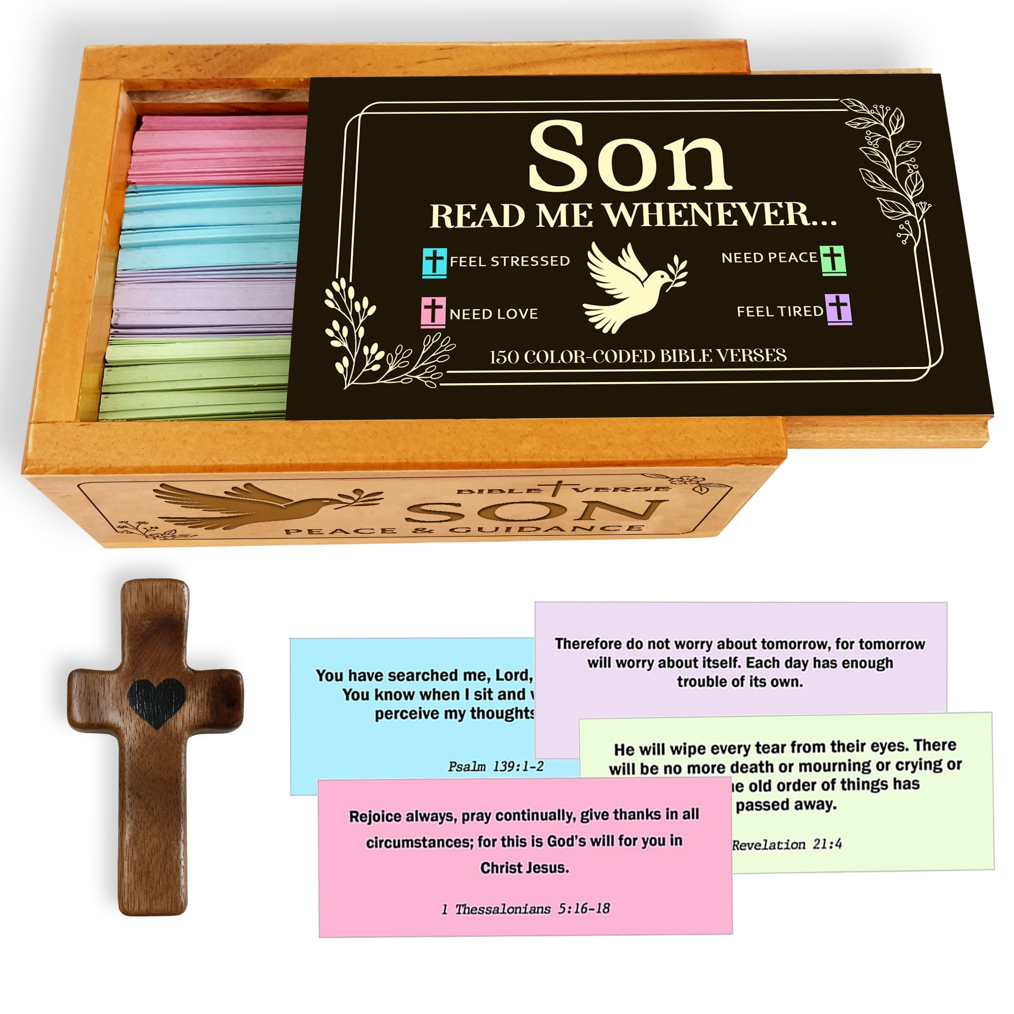 Handmade Bible Verse Cards Box - 150 Color-Coded Scripture with Wooden ...