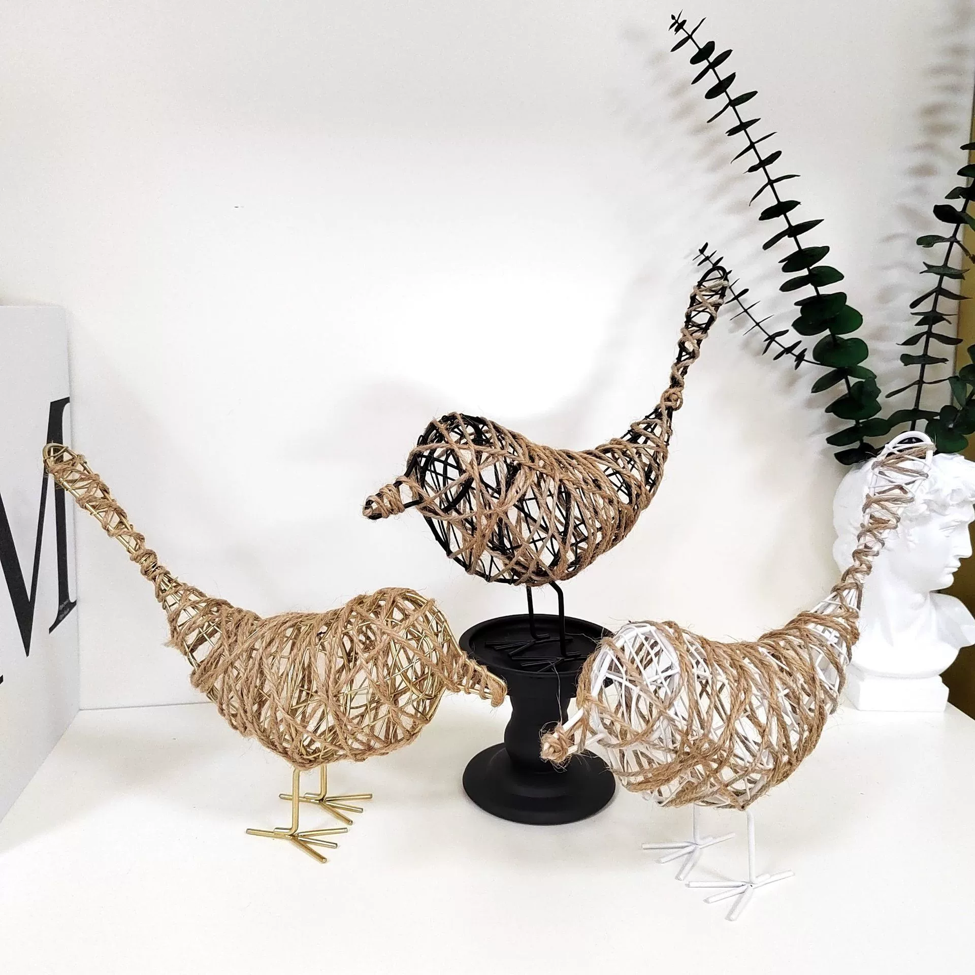 Handmade Bird Statue Rustic Table Decor Trio, Rattan Bird Figurine ...