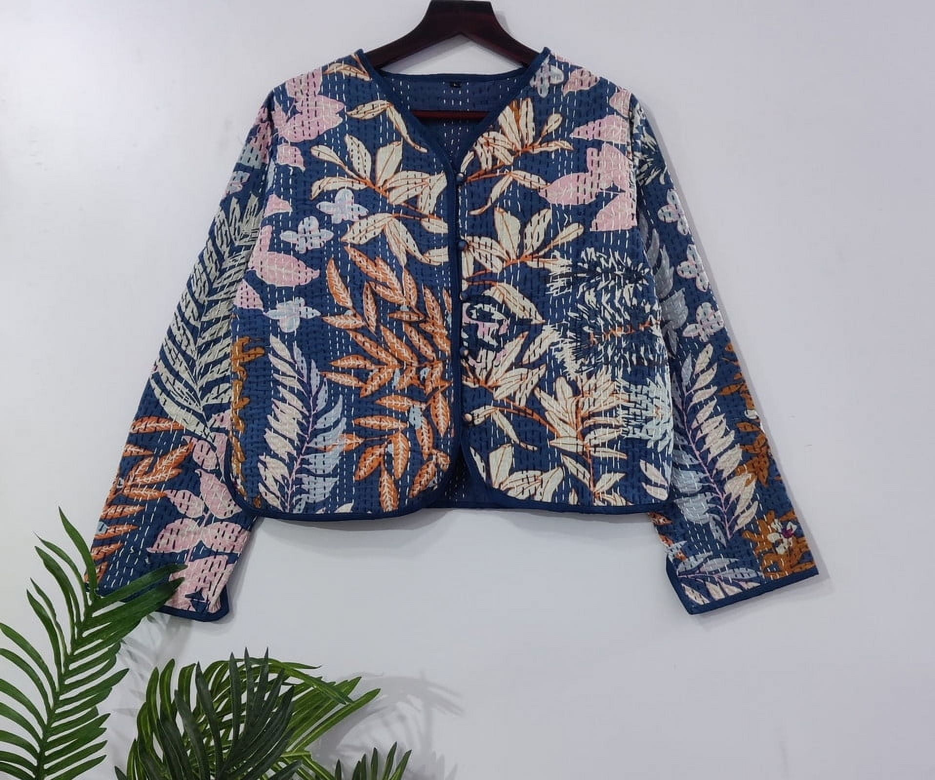 Handmade Blue Floral Block Printed Jacket Cotton Quilted Bomber ...