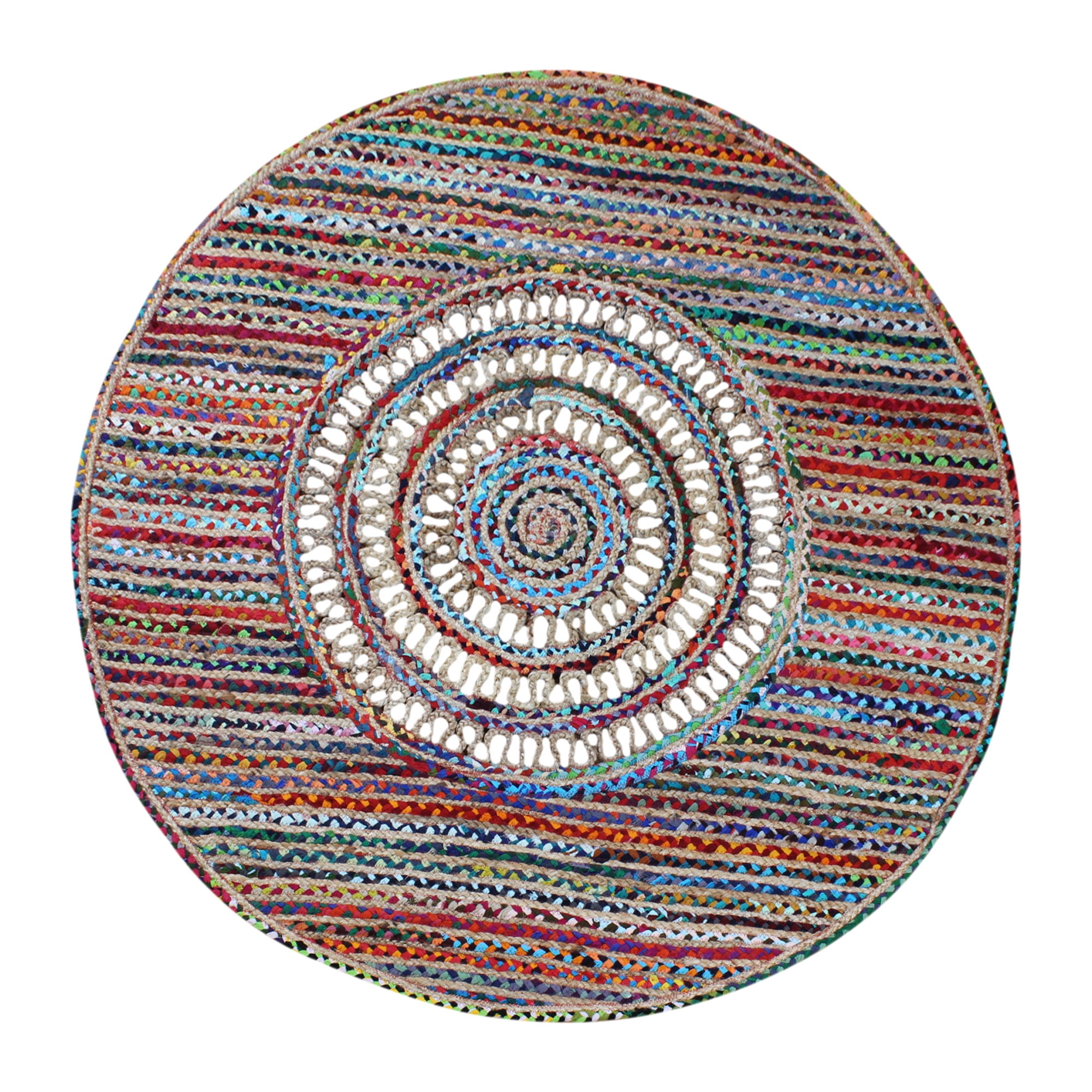 Handmade Woven Natural Jute Rug Indian Multicolor Geometric Round Area ...