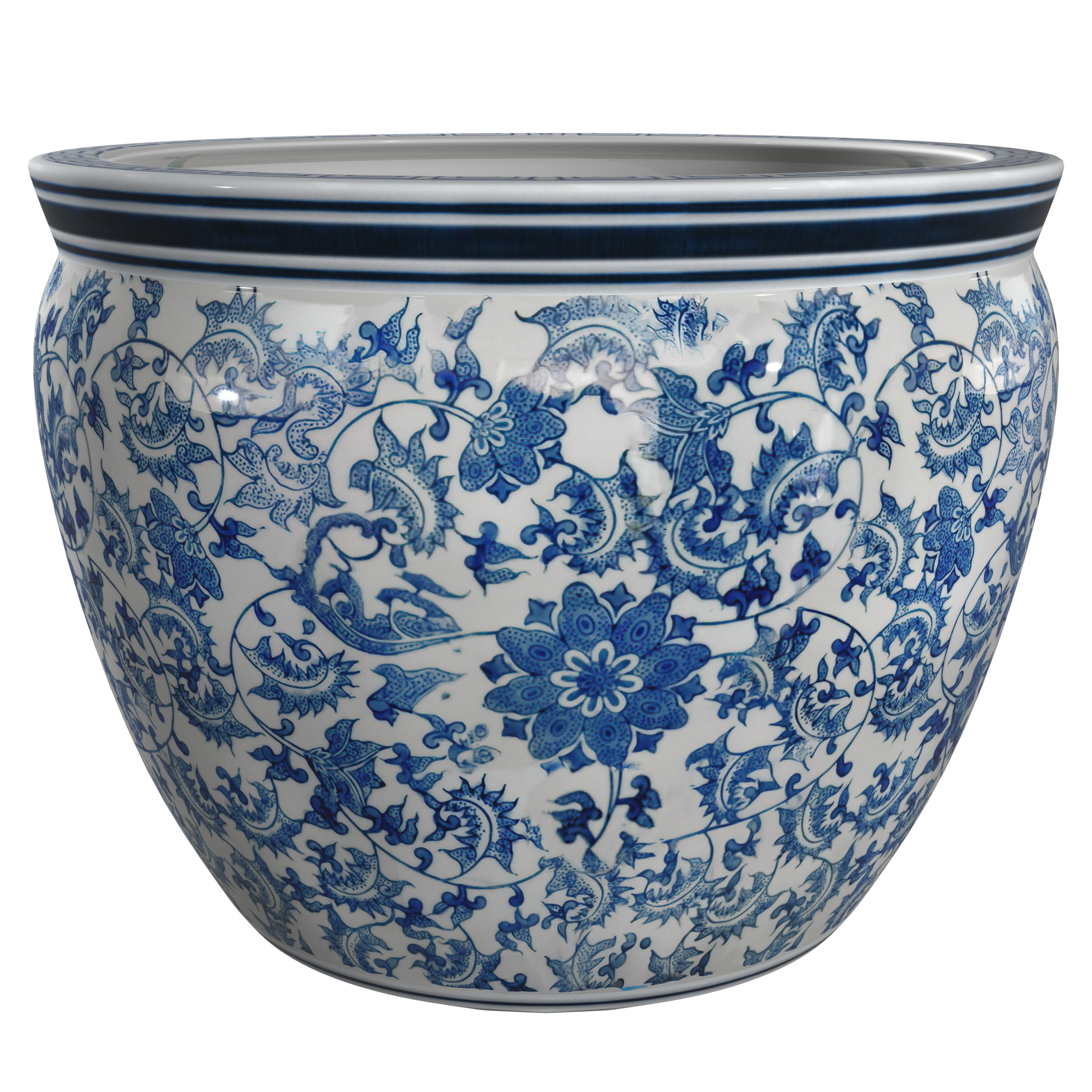 Red Lantern Large 18" Porcelain Fishbowl Blue & White Floral Porcelain ...