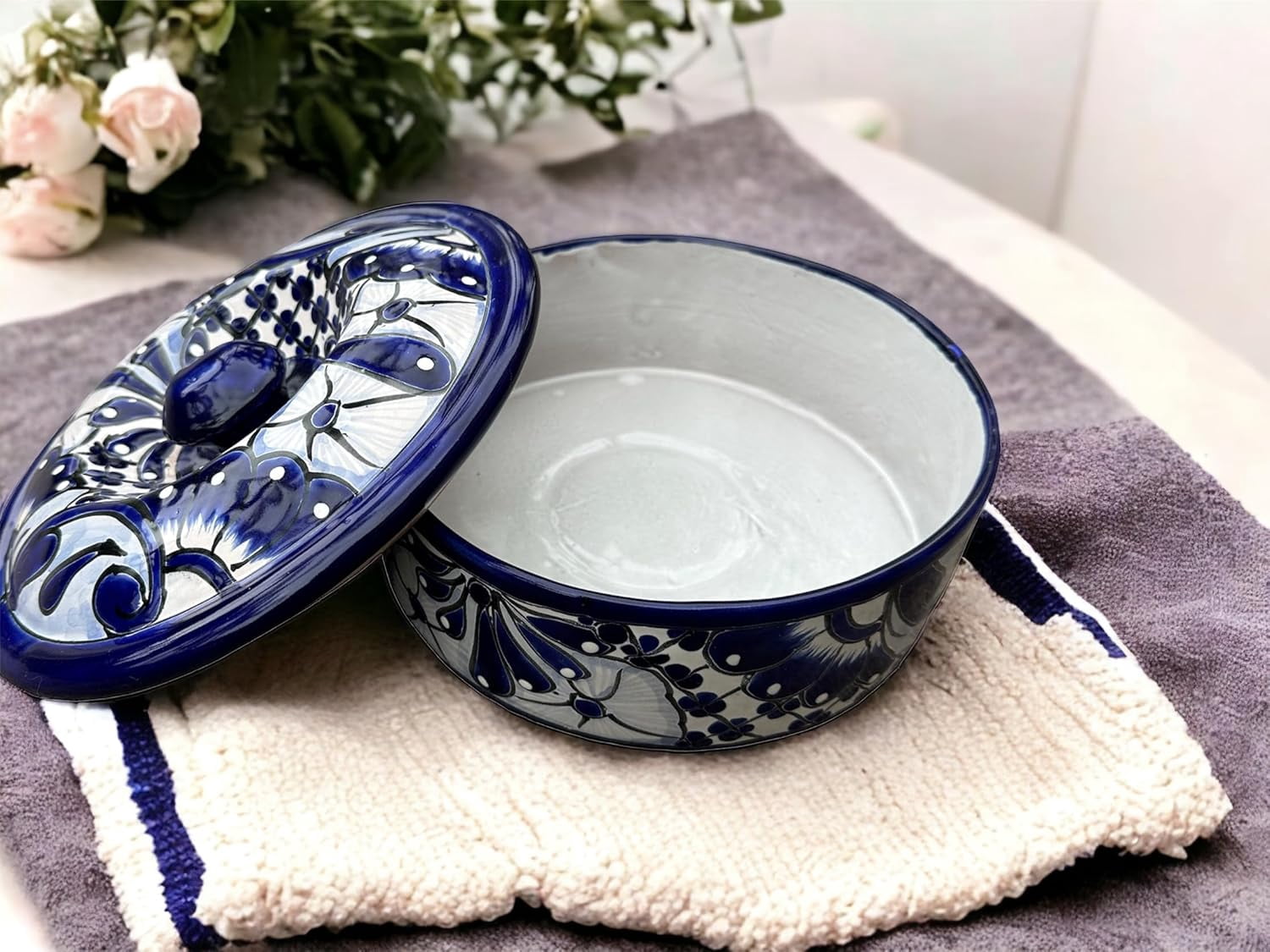 Handmade Blue & White Talavera Tortilla Bin | Mexican Pottery Tortilla ...