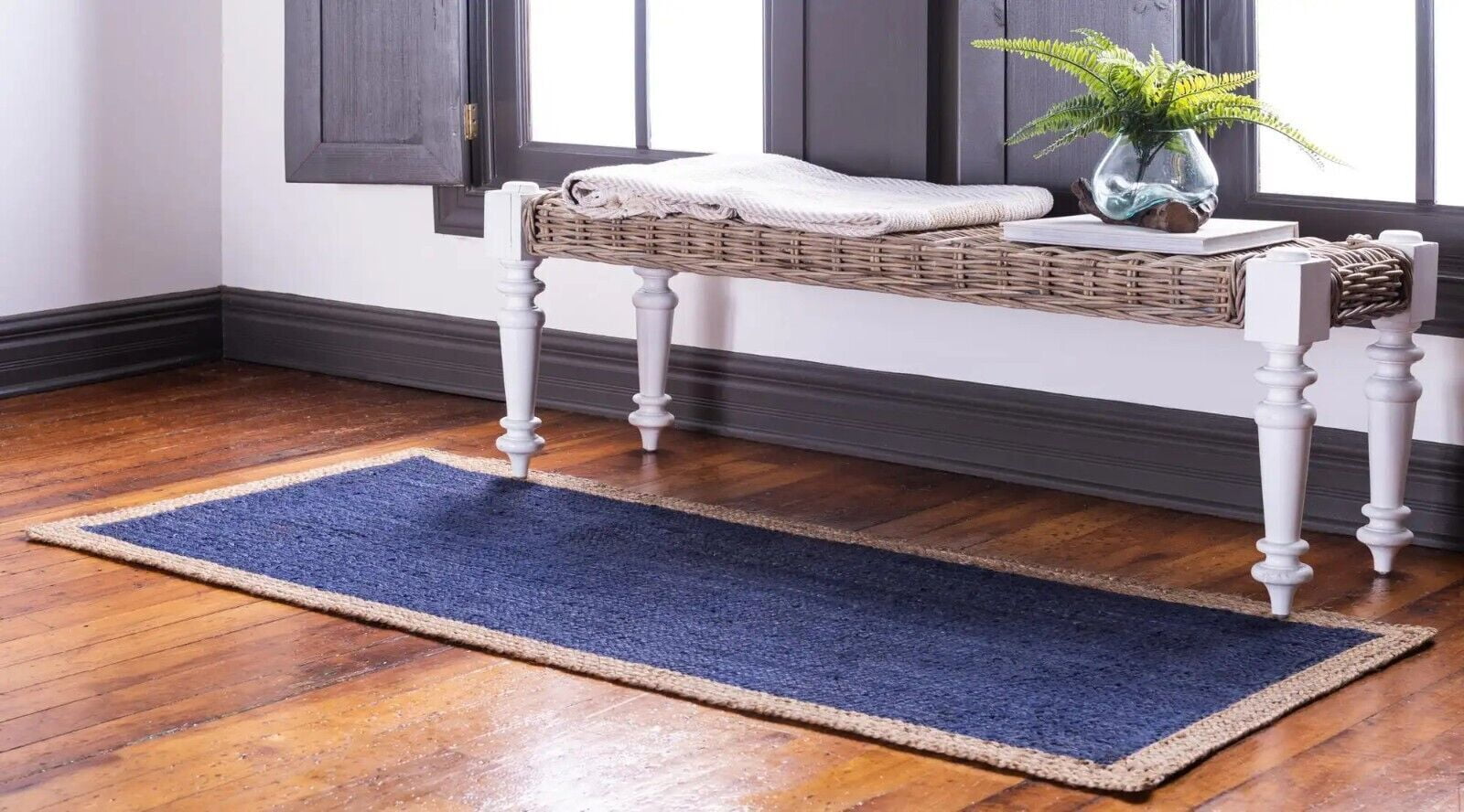 Handmade Braided Farmhouse Pure Jute Rug with Inner Blue Color , Home ...