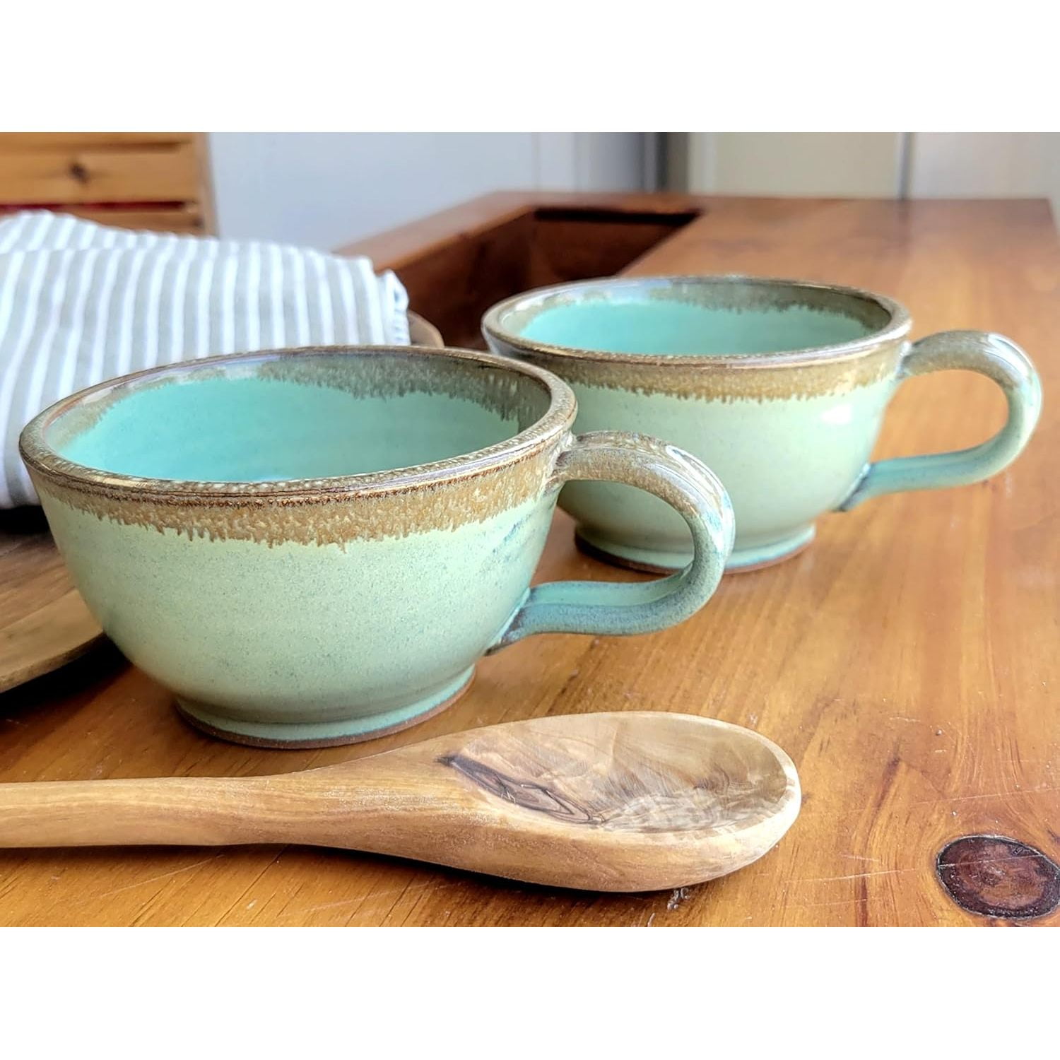 Handmade Ceramic Soup Bowls With Handles Set of 2 Deep Large Rustic ...