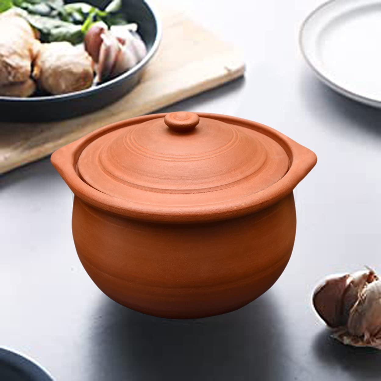Handmade Clay Earthen Kadai Pot With Lid For Cooking & Serving - Brown ...