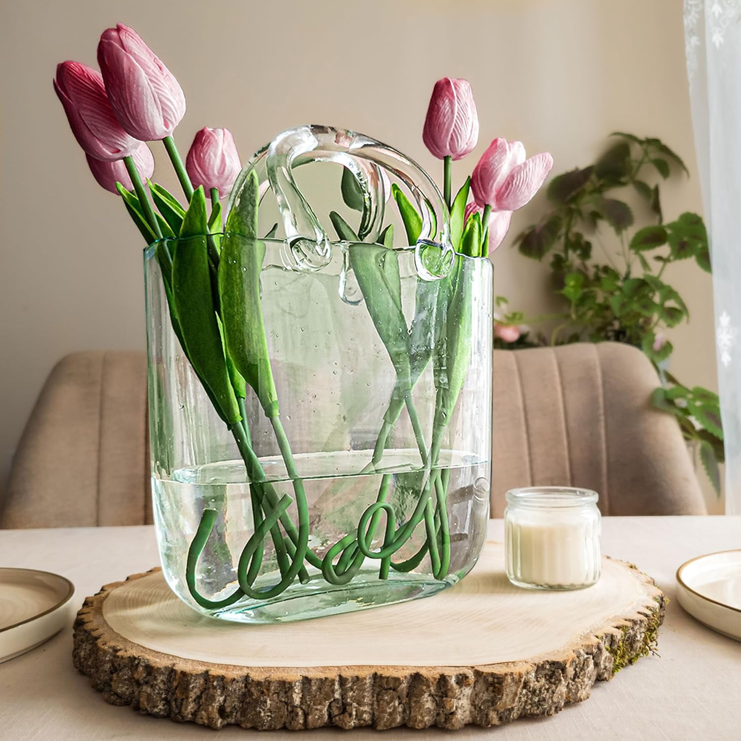 Handmade Clear Glass Purse Vase - 10 Inches Cute Flower Decor for ...