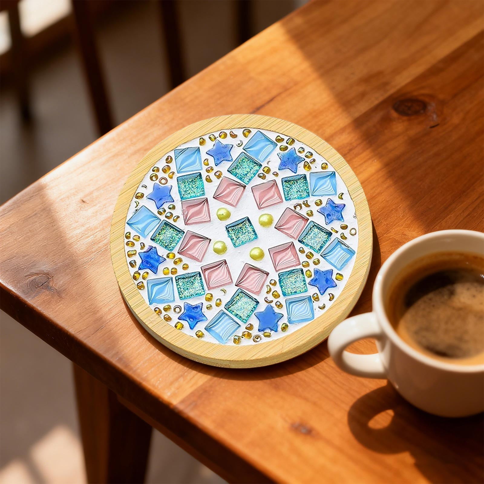 Handmade Coffee Cup Tray, Round DIY Crafts Tile Set Placemat, Colorful ...
