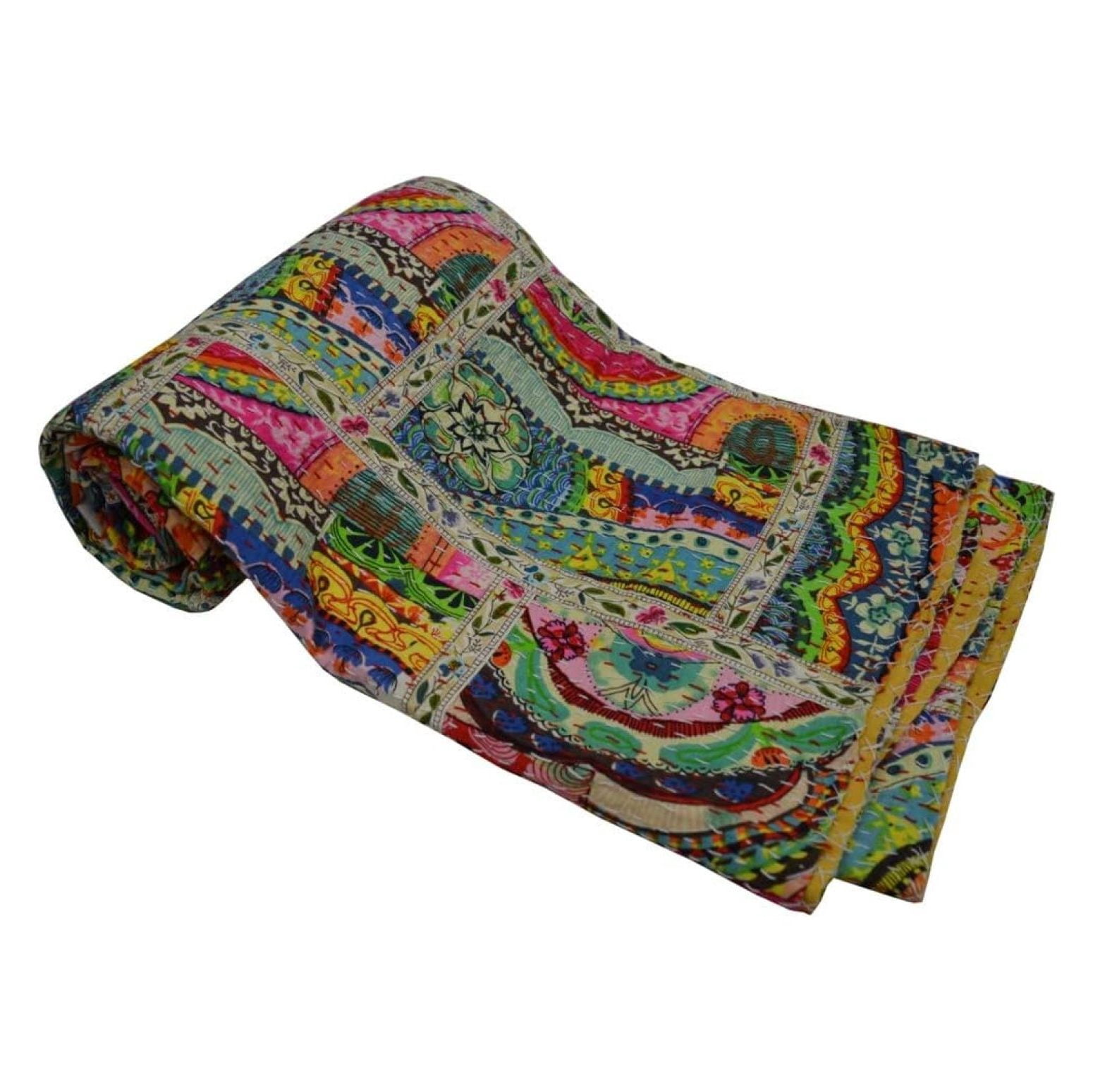 Handmade Cotton Patchwork Kantha Quilt Reversible Bed Cover Twin Queen ...
