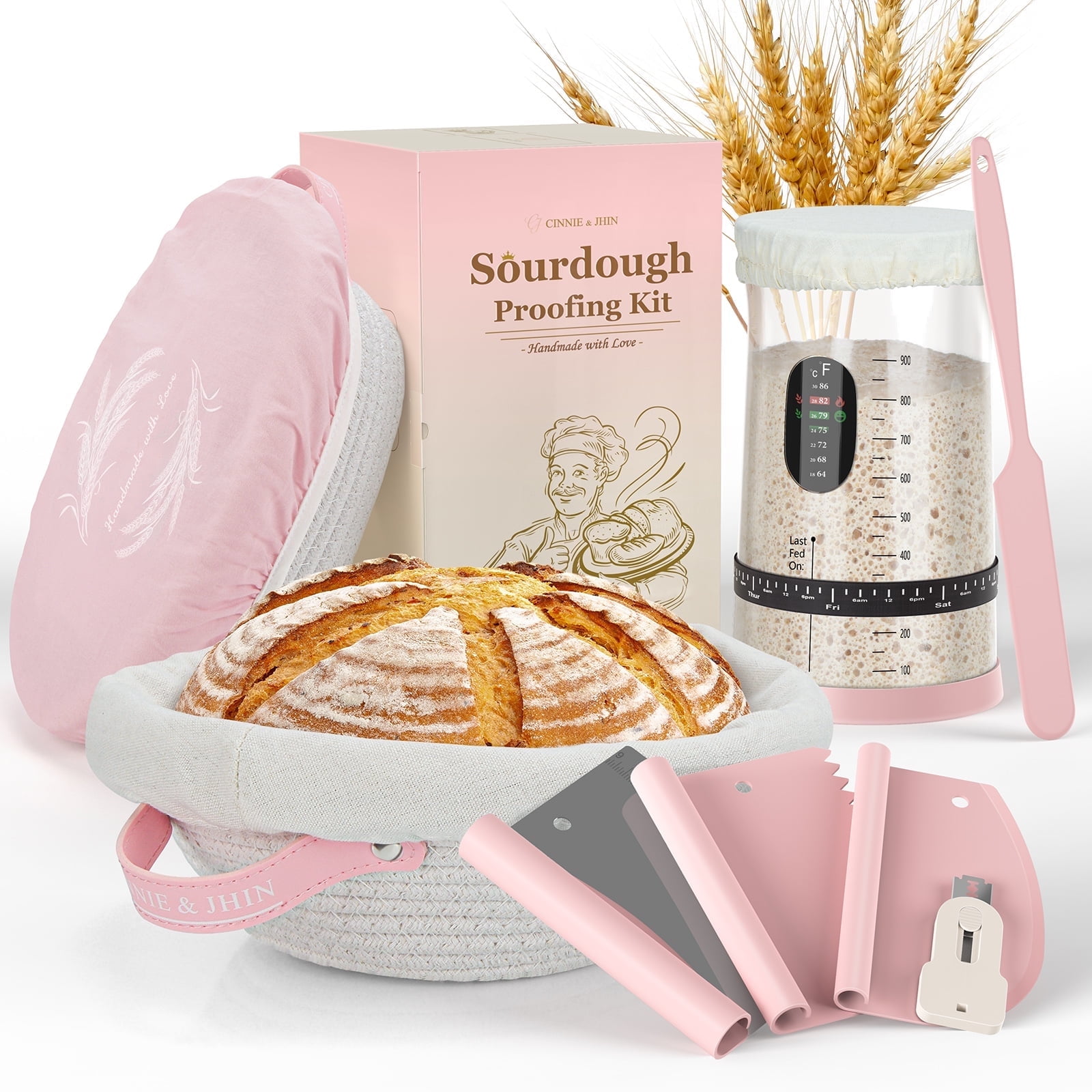 Pink Sourdough Starter Kit (8-Pcs Set), 9" Round & 10" Oval Rope ...