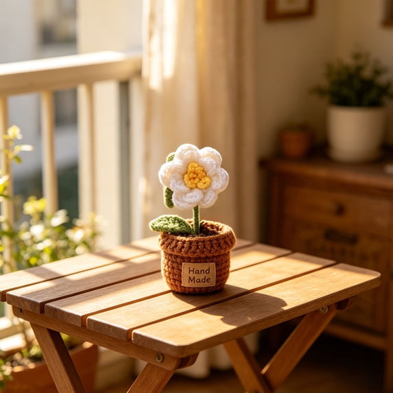 Handmade Crochet Artificial Flower Pot Mini Potted Plant Faux Desk ...