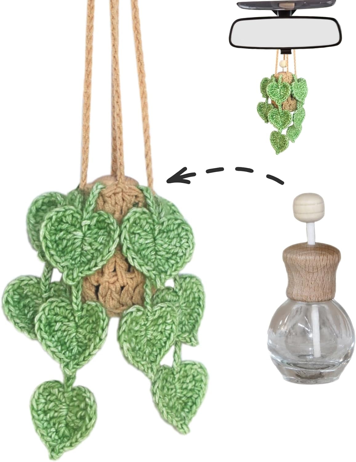 Handmade Crochet Car Air Freshener - Lifelike Green Pothos for Hanging ...