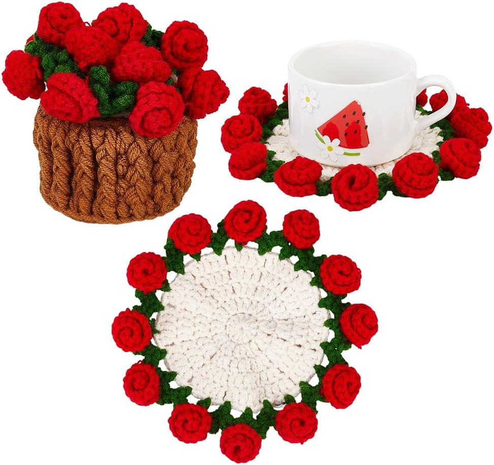 Handmade Crochet Coaster Set Flower Wool Yarn Hot Pads with Flower ...