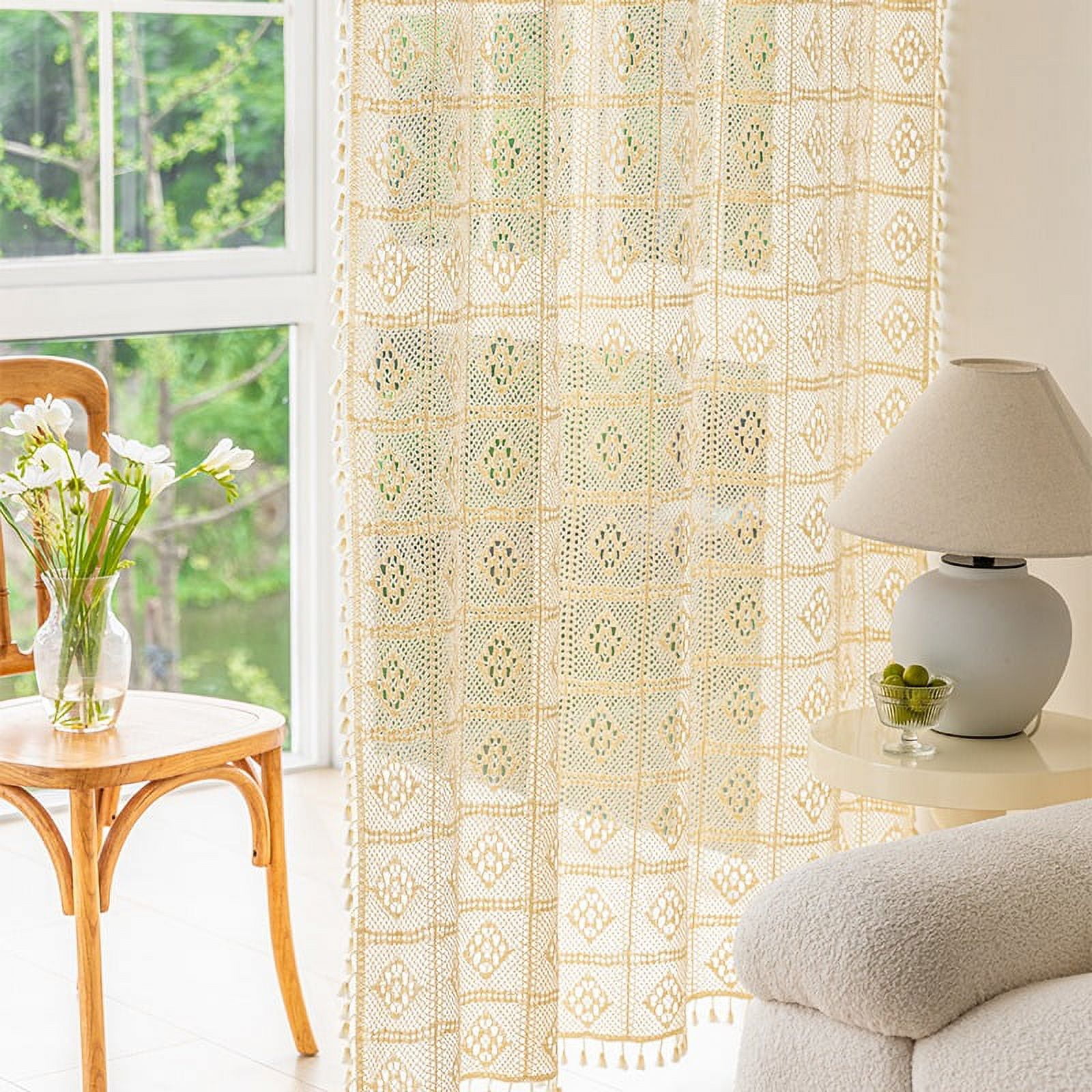 Handmade Crochet Window Curtain Hollow Out Boho Curtains with Tassels ...
