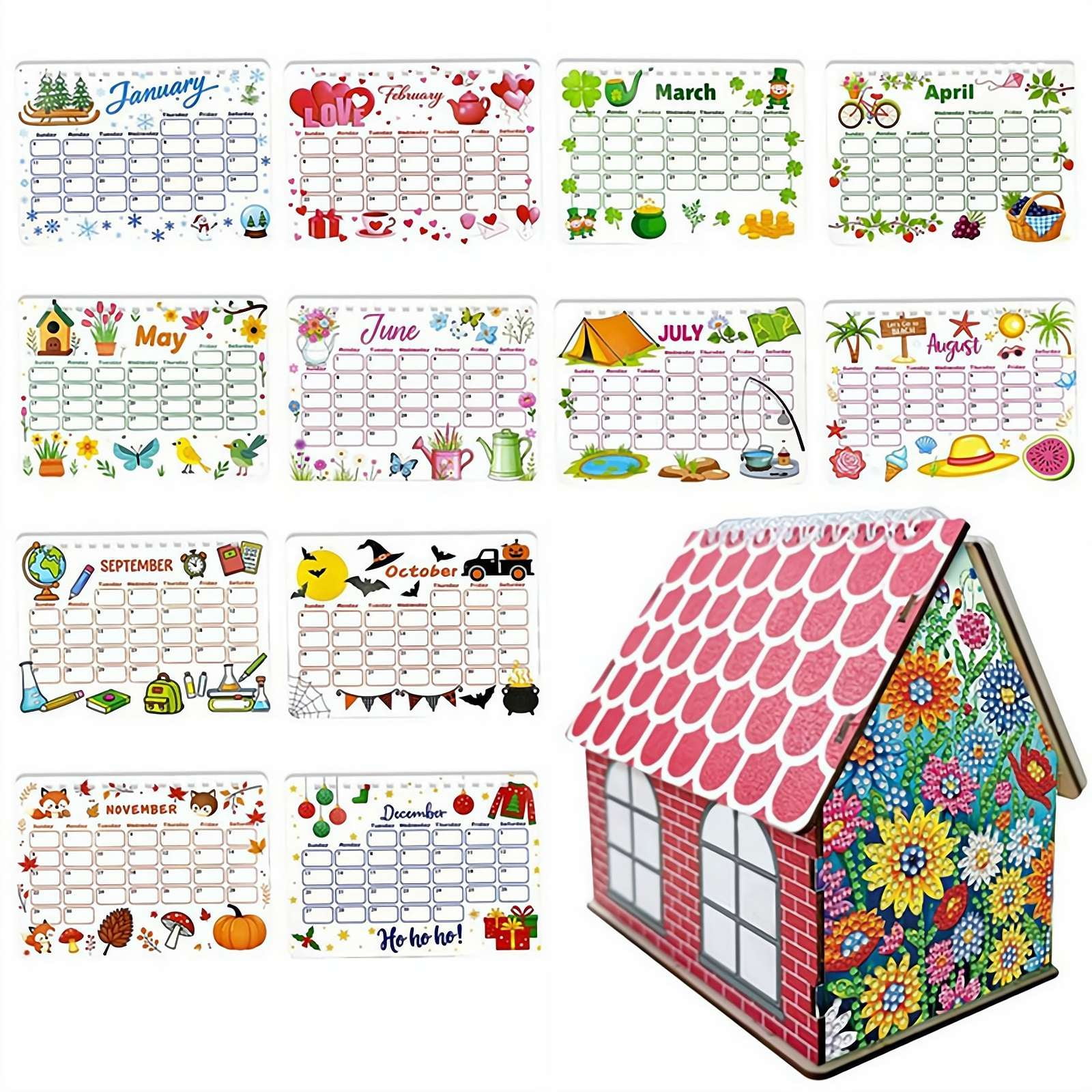 Handmade DIY 2026 Diamond Art Painting Calendar, House Shape 12-Month ...