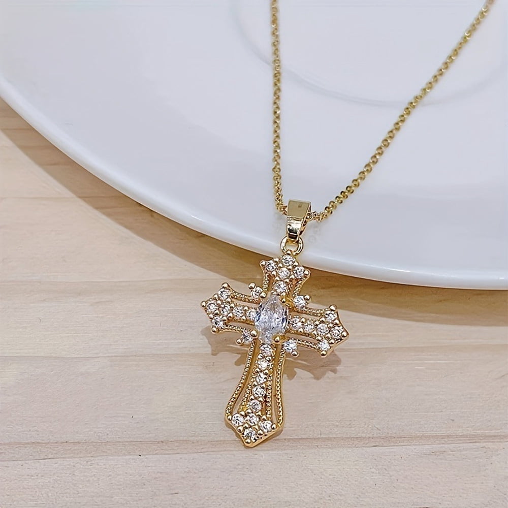 Handmade Dainty Gold Cross Necklace with CZ Pendant Hypoallergenic ...