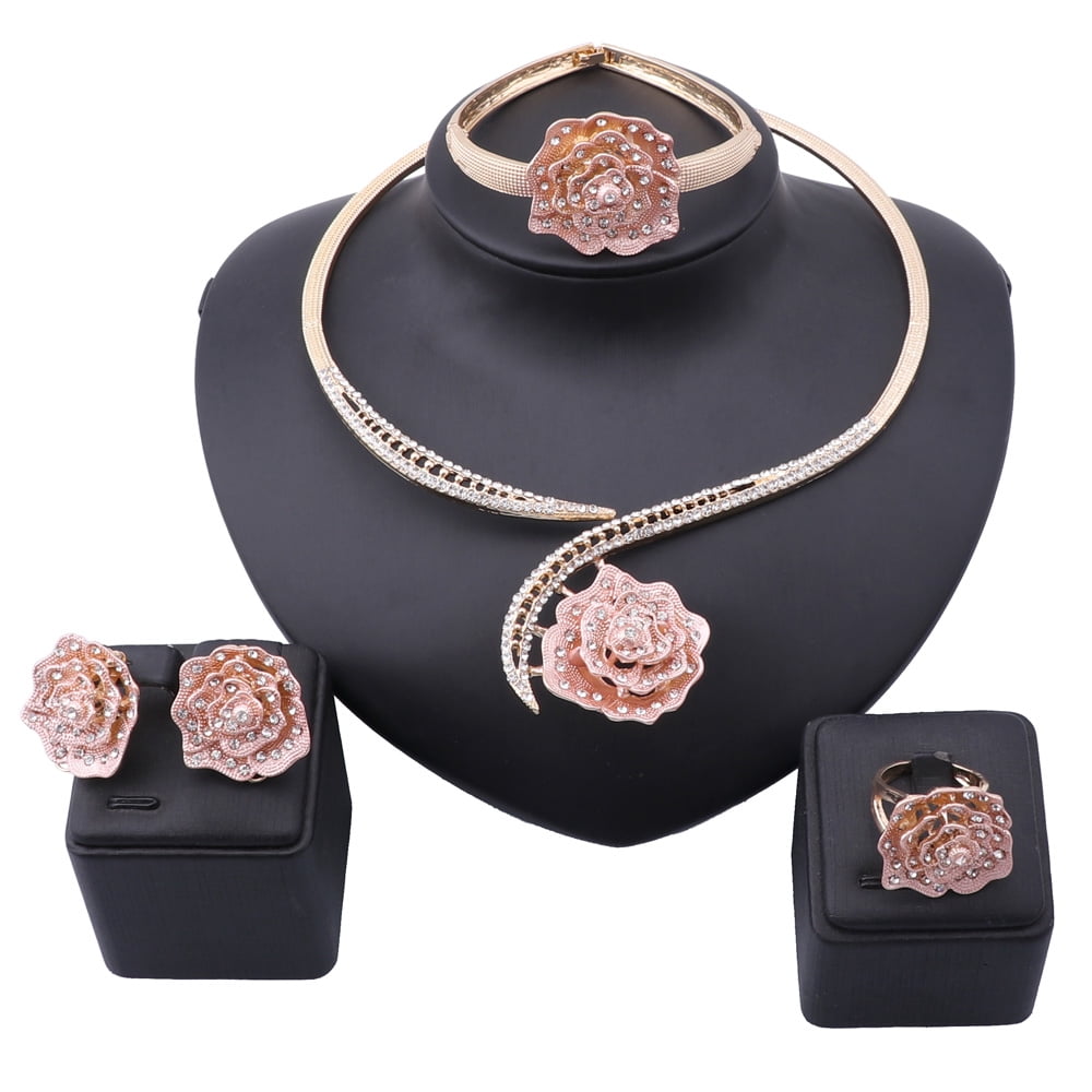 Handmade Dubai Gold Color Crystal Rose Flower Jewelry Fashion Wedding