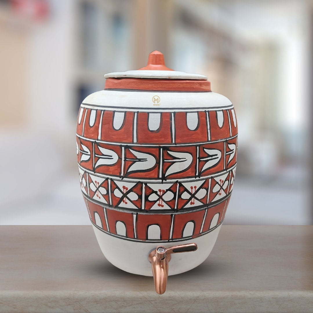 Handmade Earthen White Clay Water Pot with Lid & Stainless Steel Tap ...