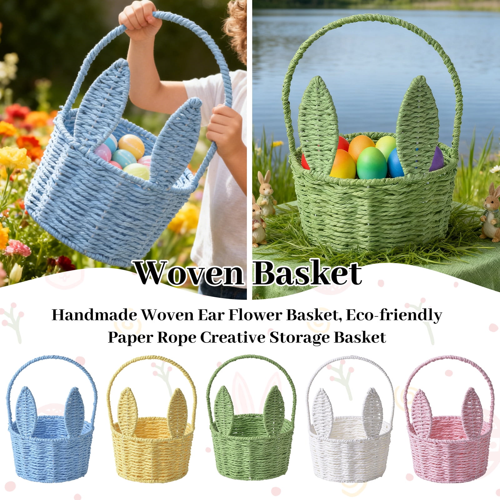 Handmade Easter Basket with Handle Bunny Rattan Woven Basket Rabbit Ear ...