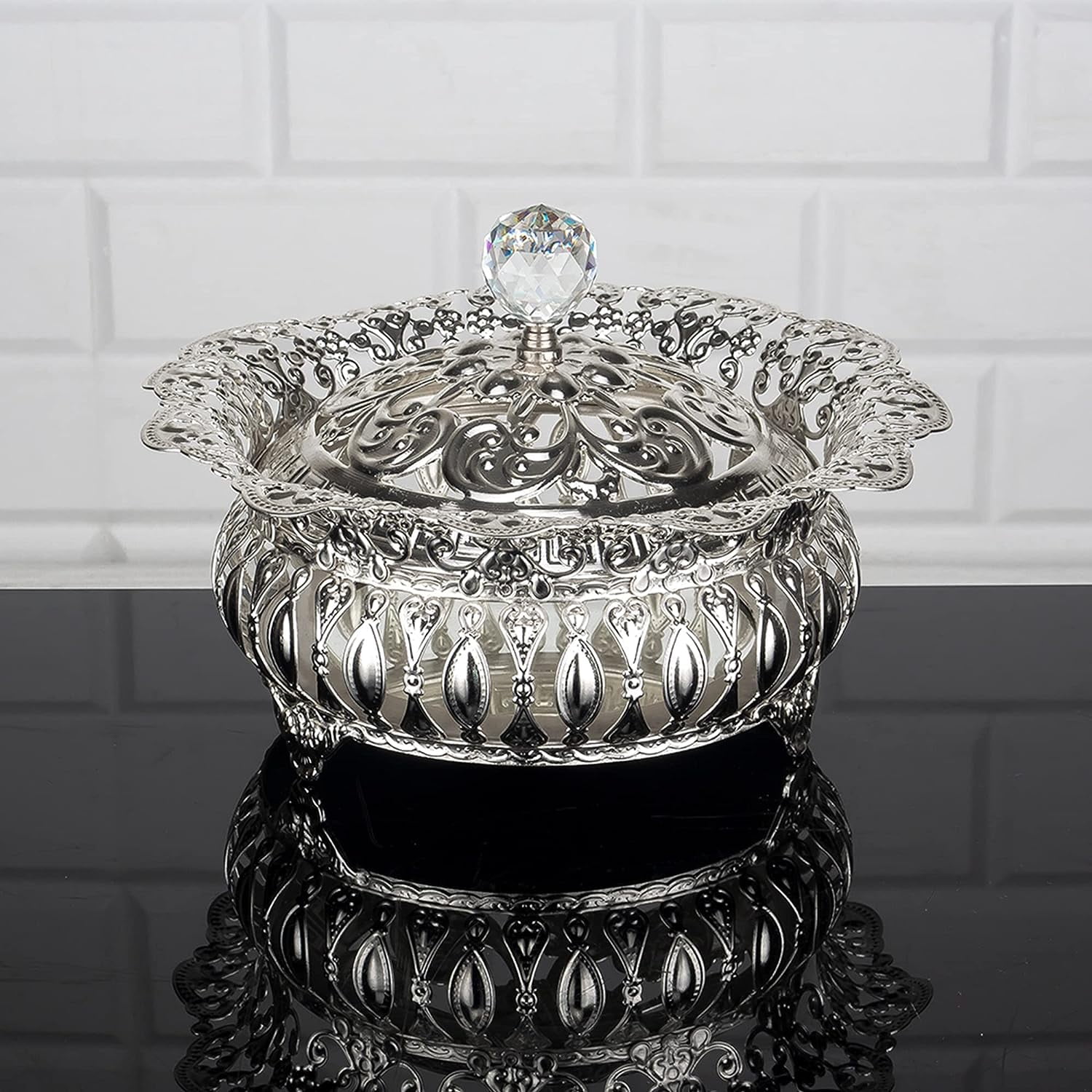Handmade Fancy Sugar Serving Bowl with Lid and Crystal Top, Stainless ...