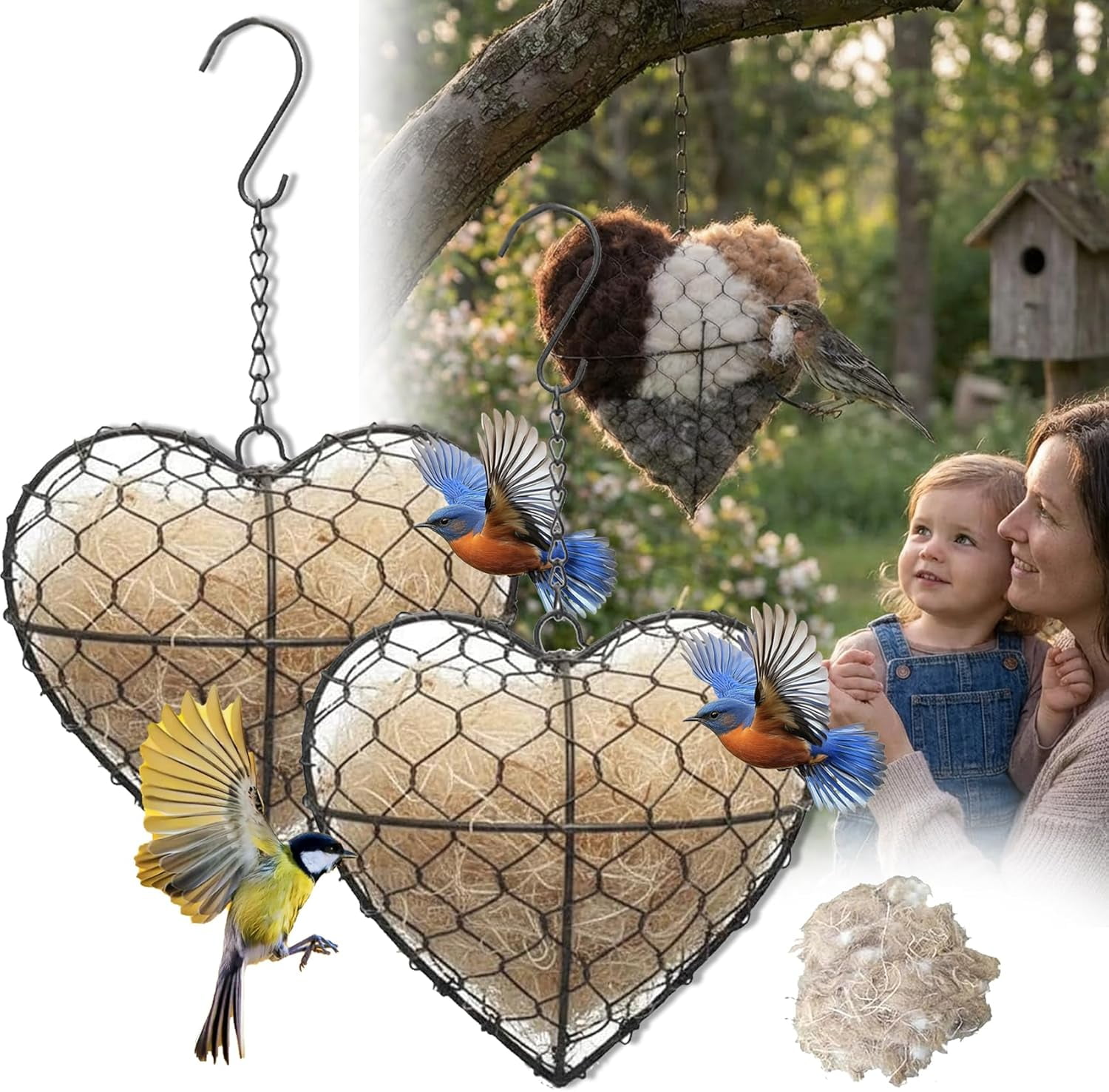 Handmade Fiber Bird Nesting Heart, Refillable Birds Haven 1/2/3/4 Heart ...