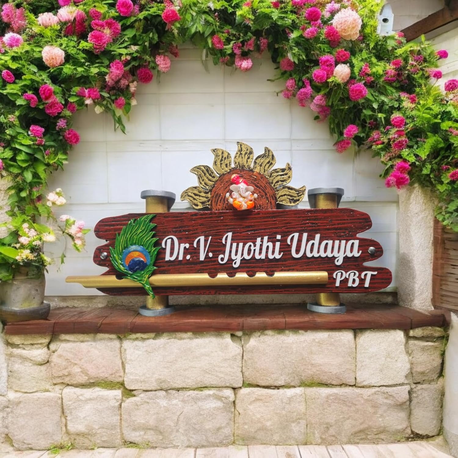 Handmade Fine Art Name Plate D001 9 X 18 Inches Customizable Text 3D Wooden Ganpati and Peacock ...