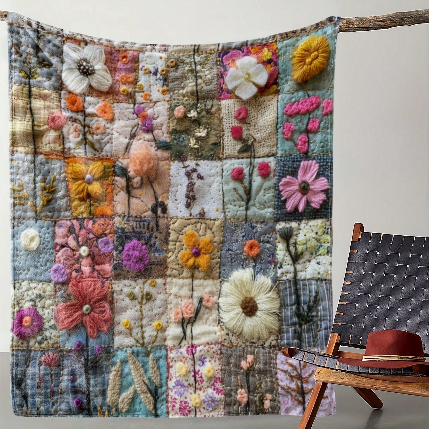 Handmade Floral Embroidered Patchwork Blanket for Living Room and ...