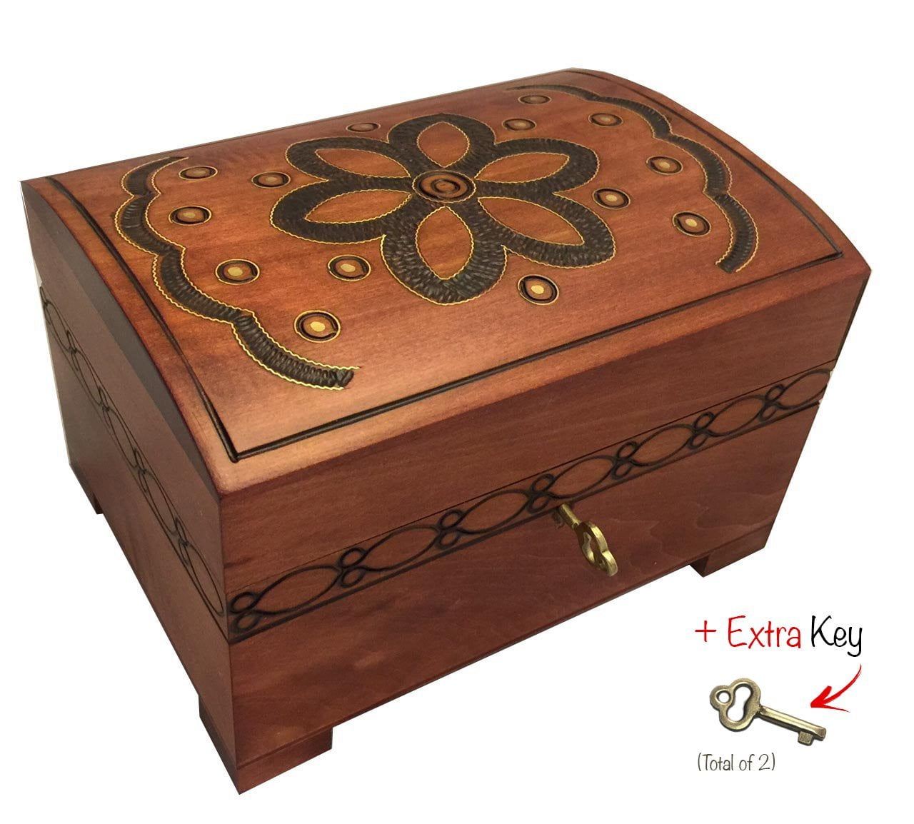 Handmade Floral Wooden Chest Box w/ Lock and Key Flower Jewelry ...