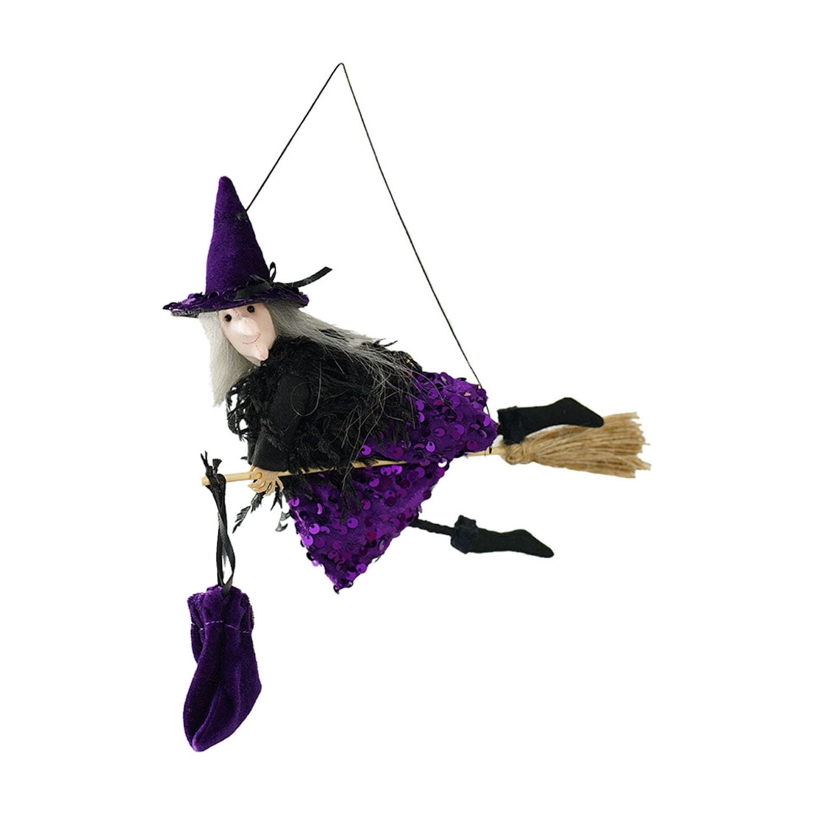 Handmade Flying Witch Decoration with Broom & Hat - Spooky Purple ...