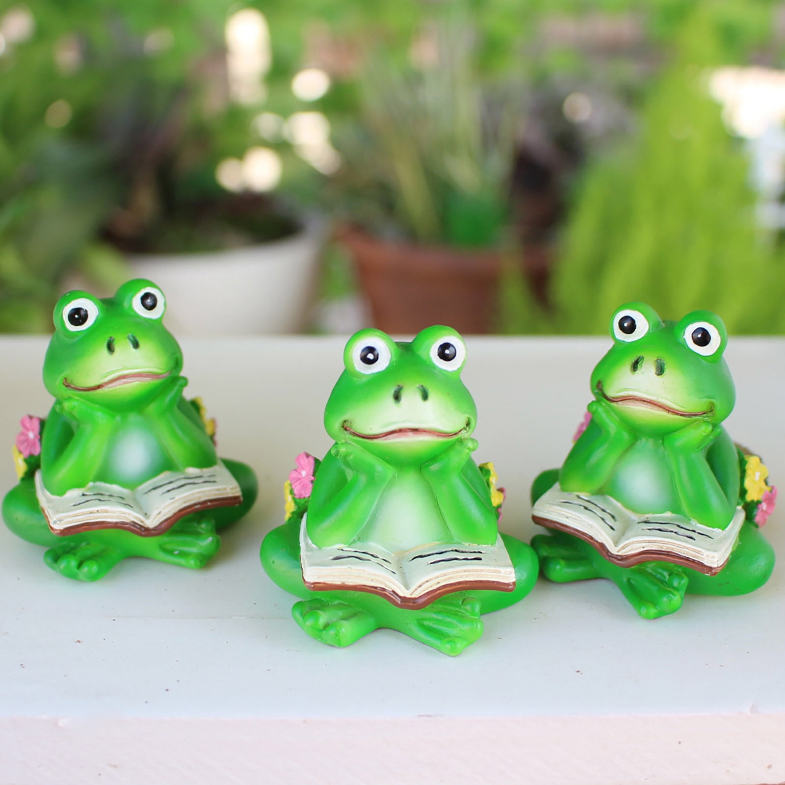Handmade Frog Pot Feet Set of 3, Miniature Reading Book Frog Statue ...