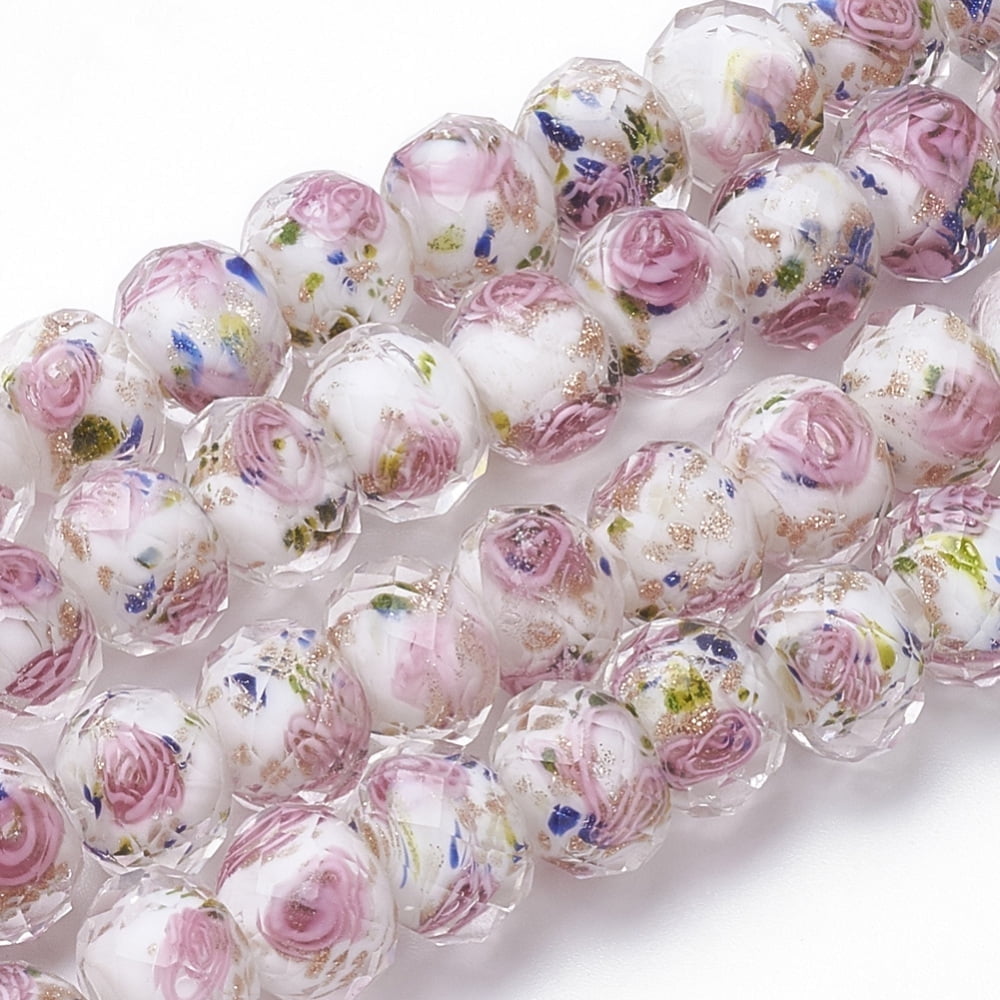 Handmade Gold Sand Lampwork Beads Strands Inner Flower Faceted Rondelle ...