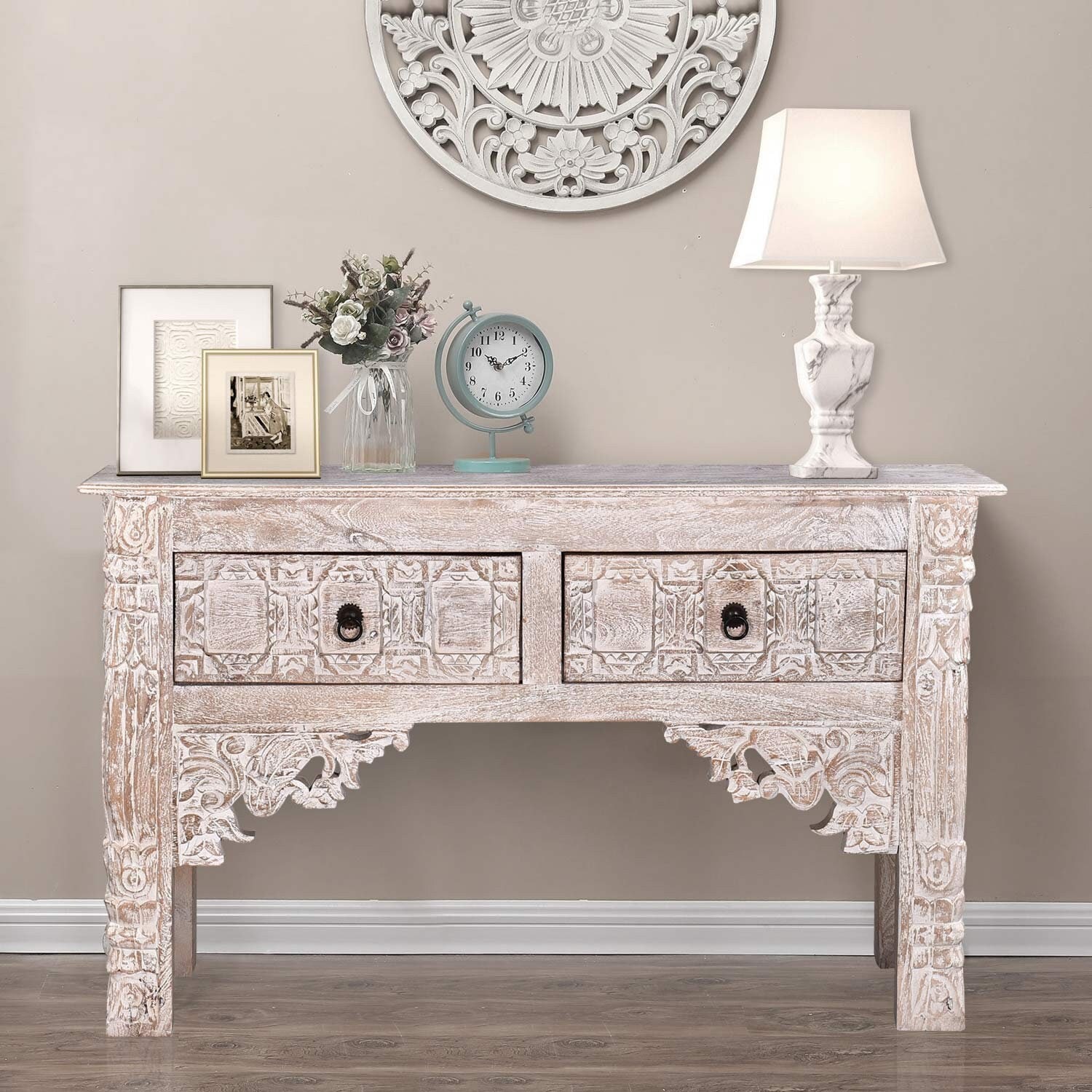 Handmade Hand Carved Foyer Table With 2 Drawers | Distressed Off White ...