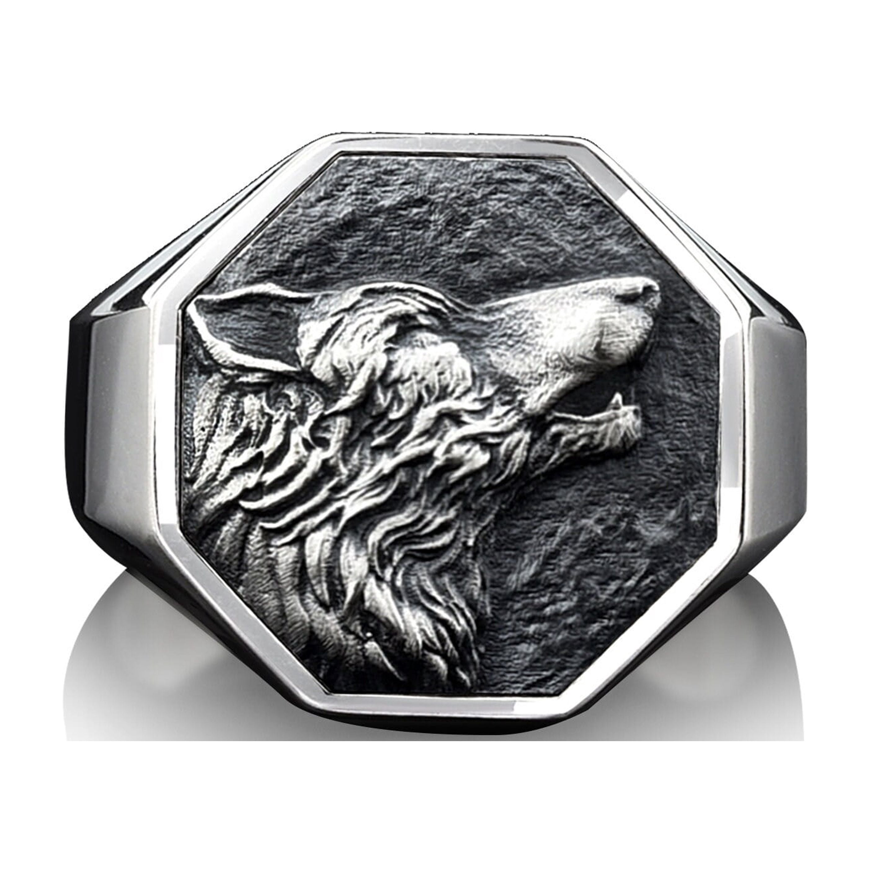 Handmade Howling Wolf Mens Ring, 925 Silver Wolf Signet Mens Ring, Men ...