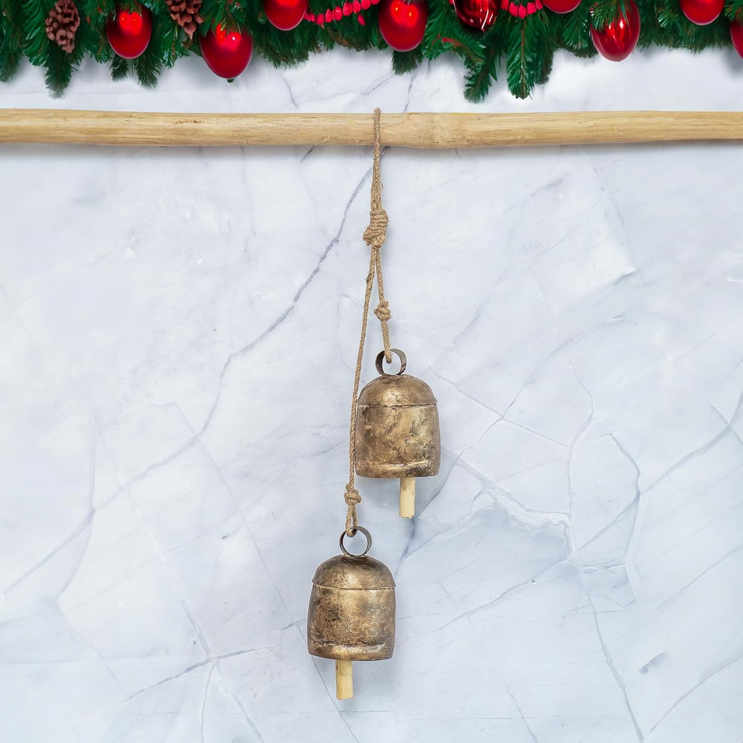 Handmade Iron Bell Hanging Chime Brass Finish Wall Rope 4 Bells Cluster ...