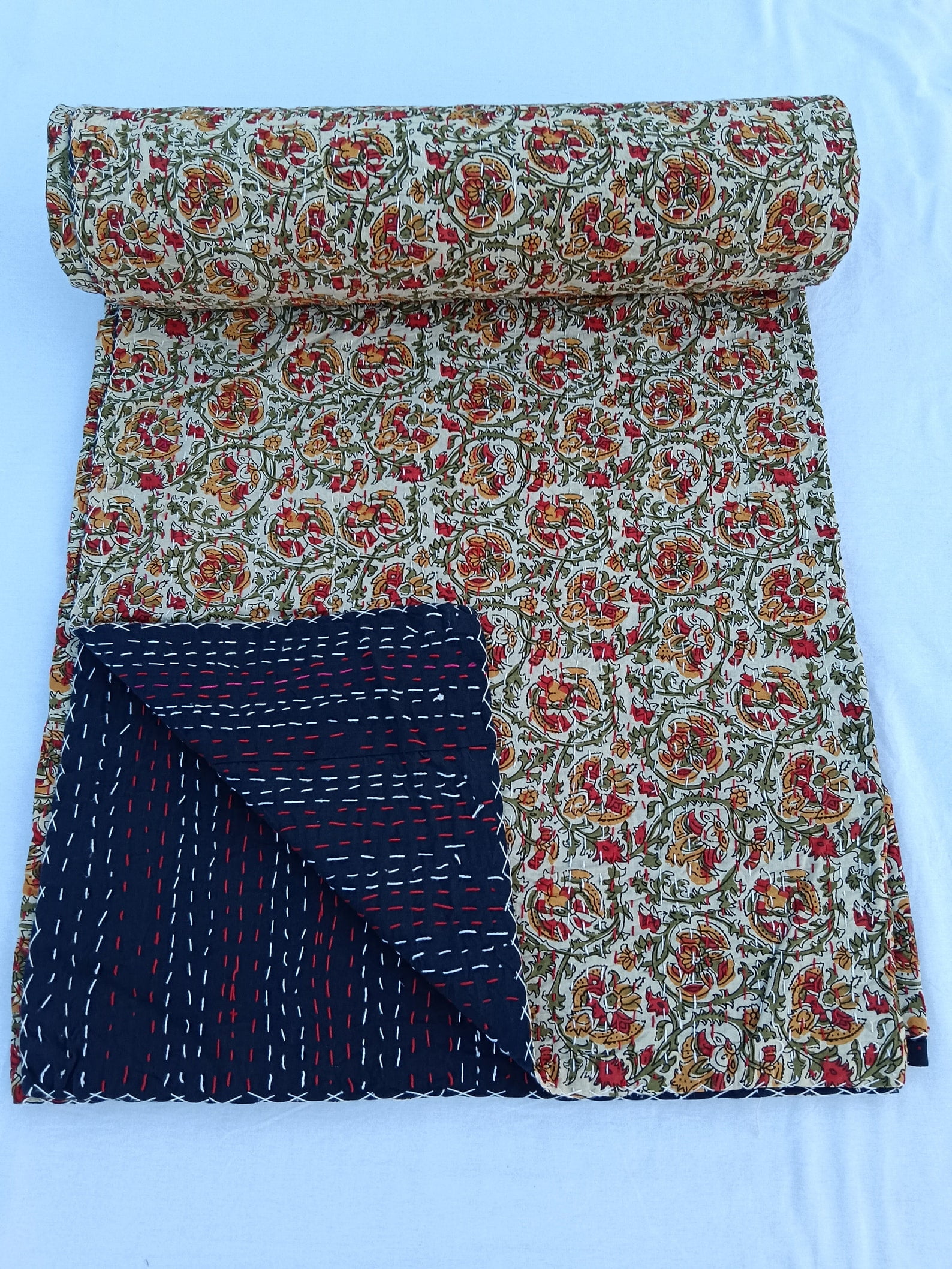 Handmade Kantha Quilt: Floral Print Cotton Bedspread, King Size ...