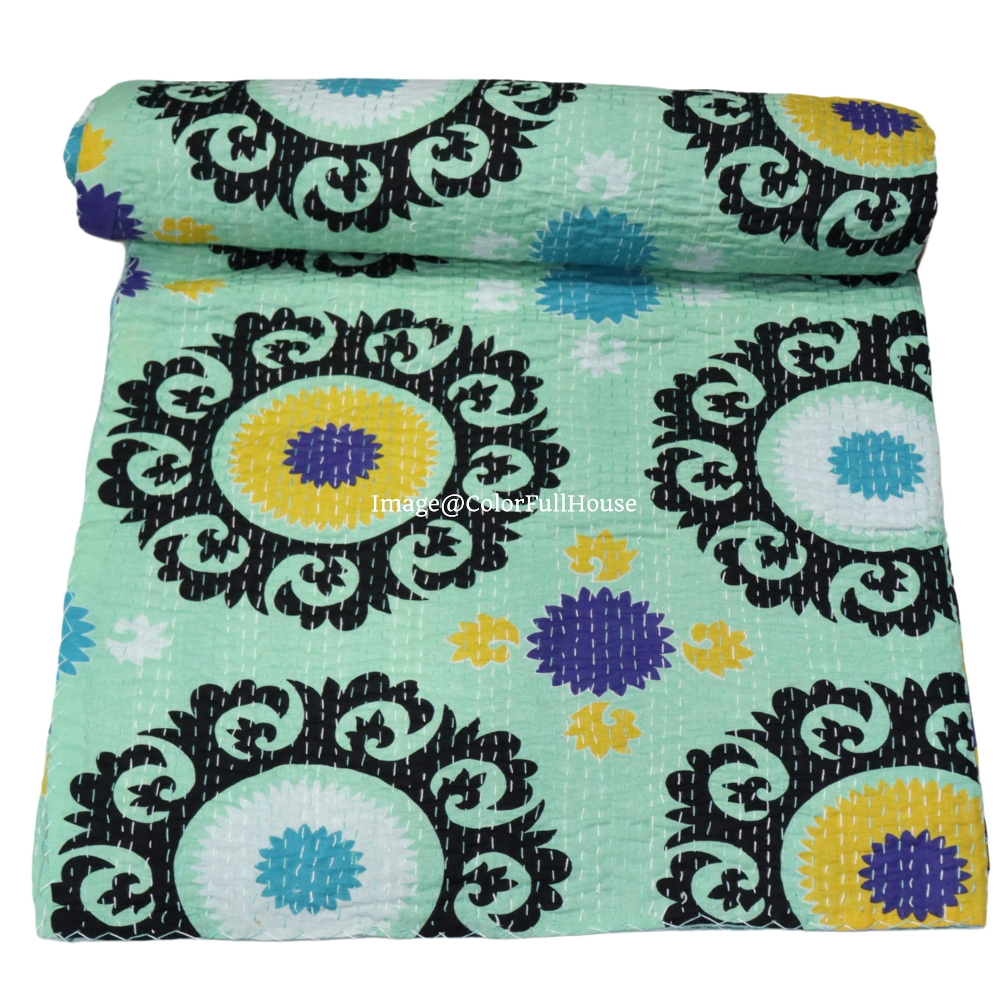 Handmade Kantha Quilt, Mint Green Floral Pattern, Blue Yellow Purple ...