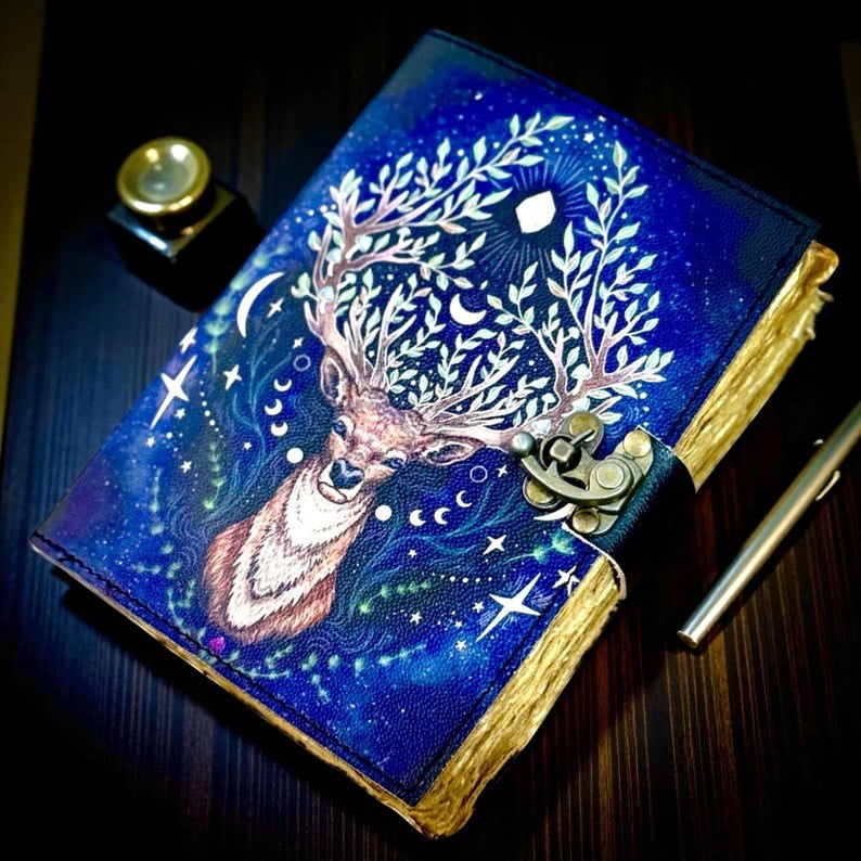 Handmade Leather Celestial Deer Journal, 5x7” Vintage Notebook with 200 ...